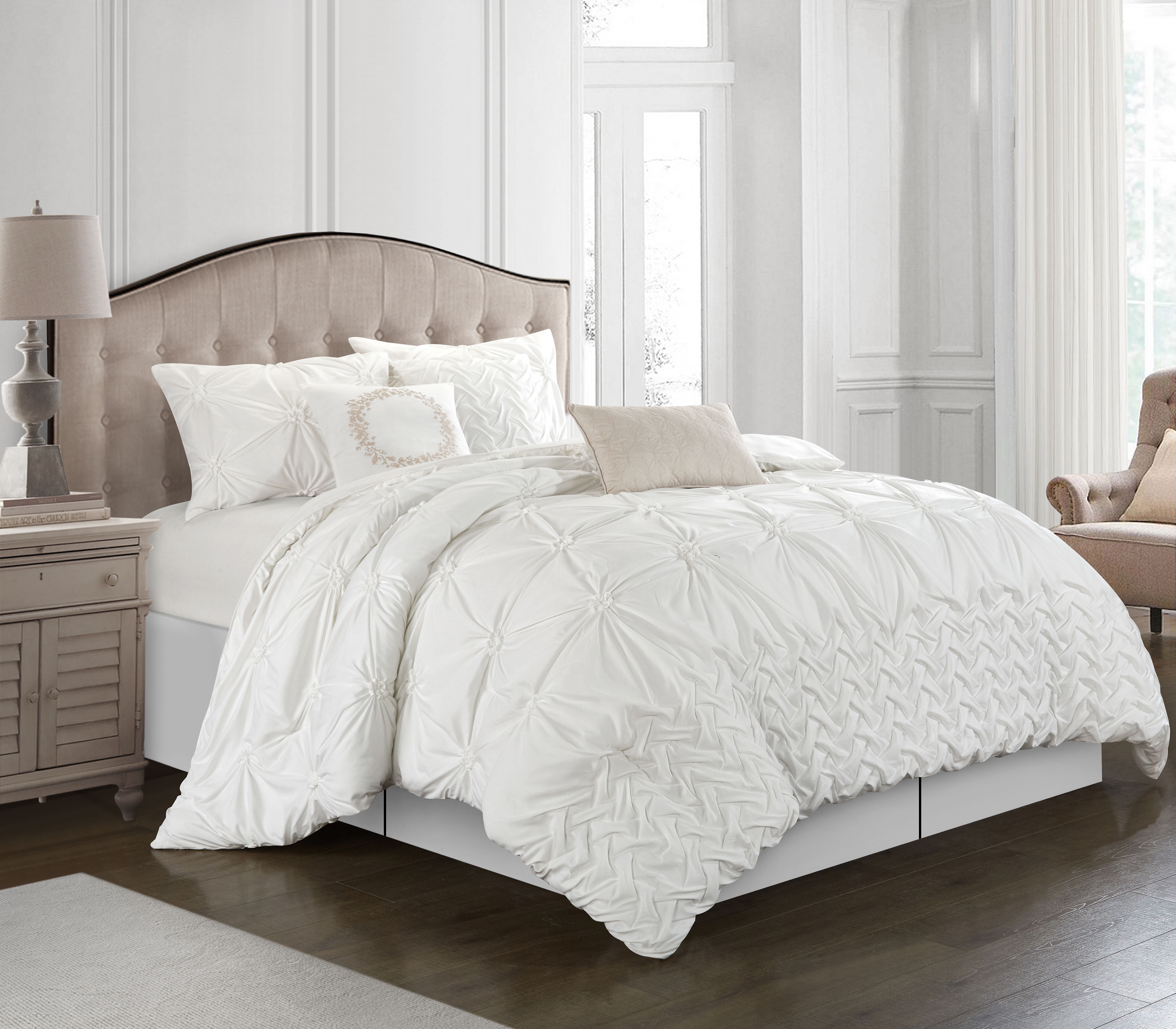Nanshing Morgan 7 Piece Pinch Pleat Comforter Set, White, California ...
