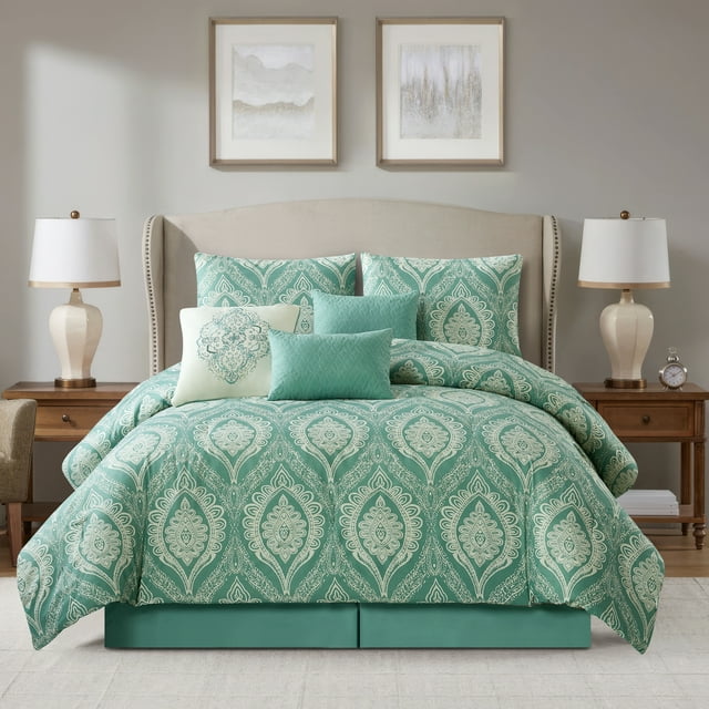 Nanshing Neriah 7 Piece Traditional Damask Comforter Set, Sage, King ...
