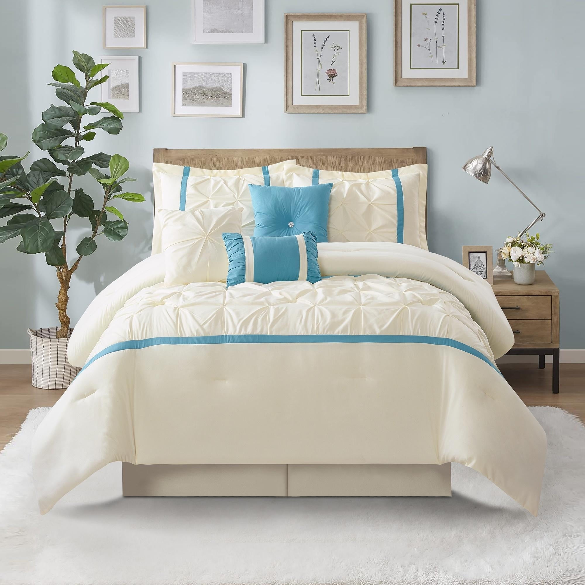 Nanshing Regala 7 Piece Minimalist Pinch Pleat Comforter Set Beige Blue ...