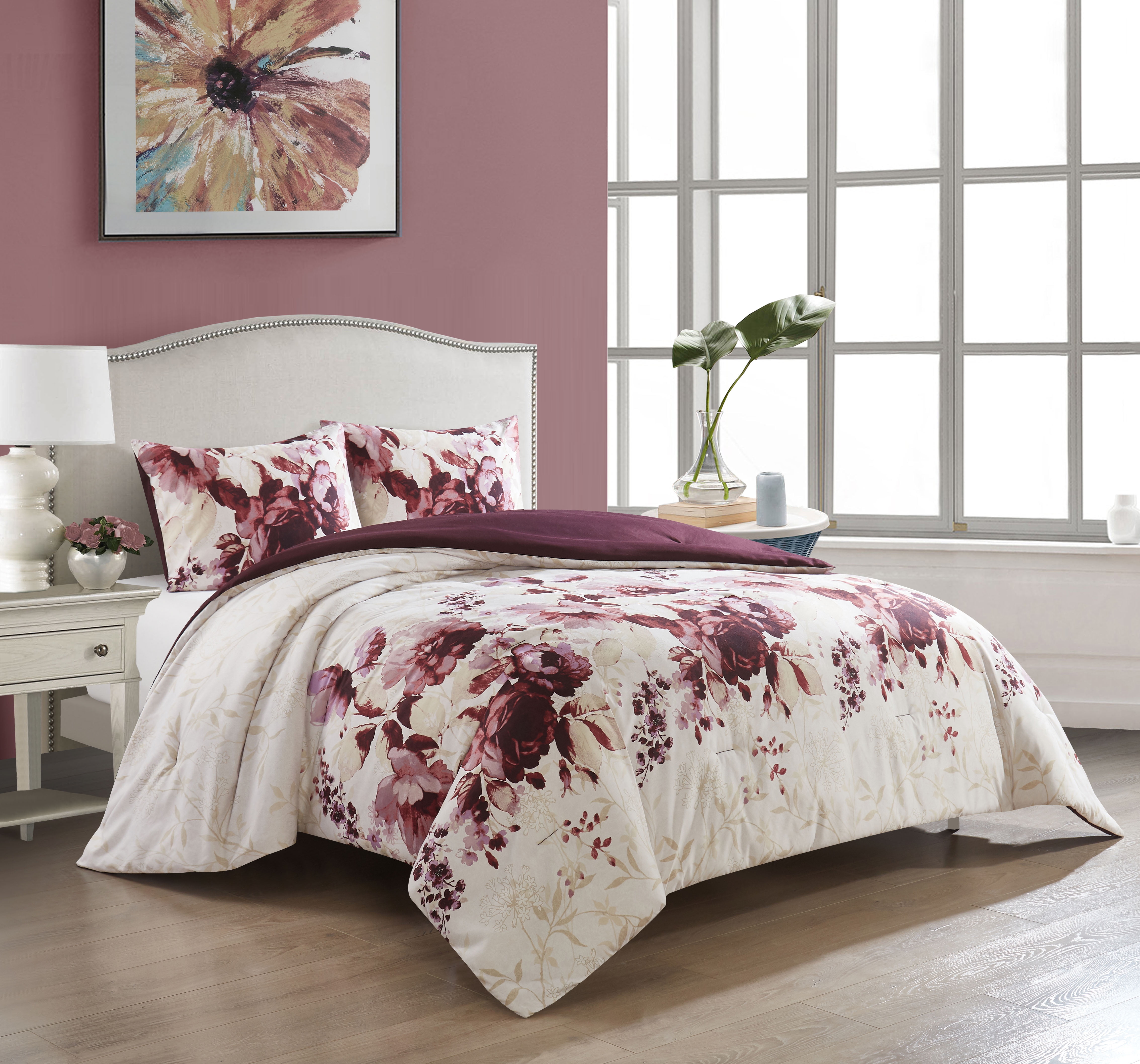 Nanshing 3 Piece Reversible Floral Comforter Set, Soft Microfiber ...