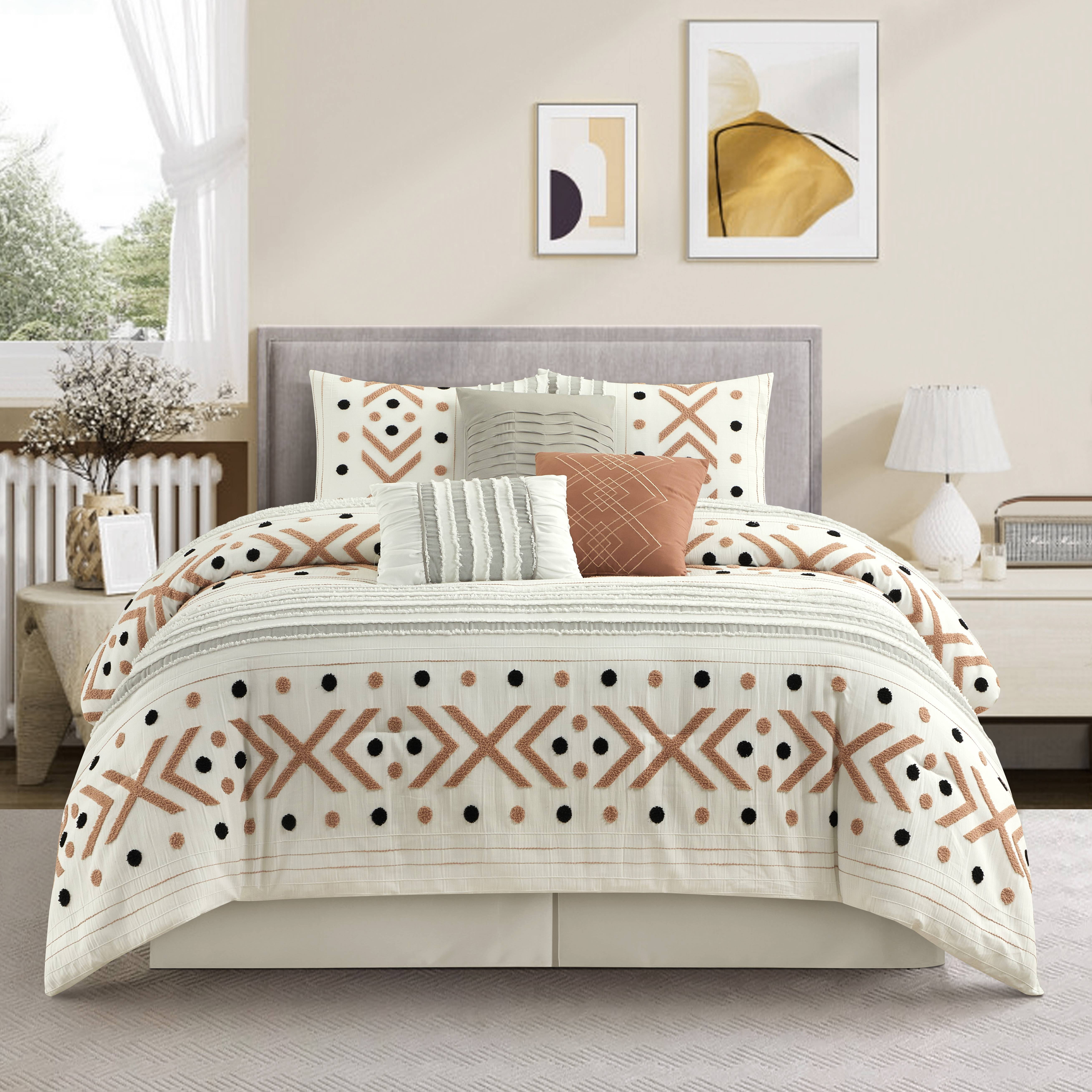 Nanshing Vivi 7 Piece Casual Geometric Comforter Set, Taupe, Queen ...