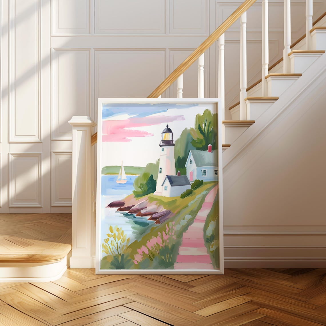 Nantucket Lighthouse Wall Art, Coastal Cottage Beach Poster, Whimsical ...