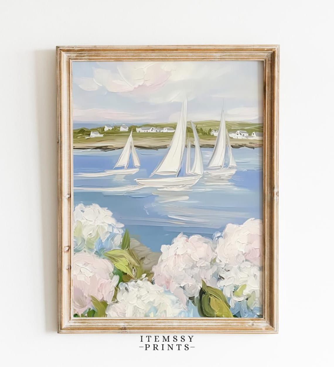 Nantucket Sailboats Poster, Coastal Cottagecore Art, White Hydrangea ...