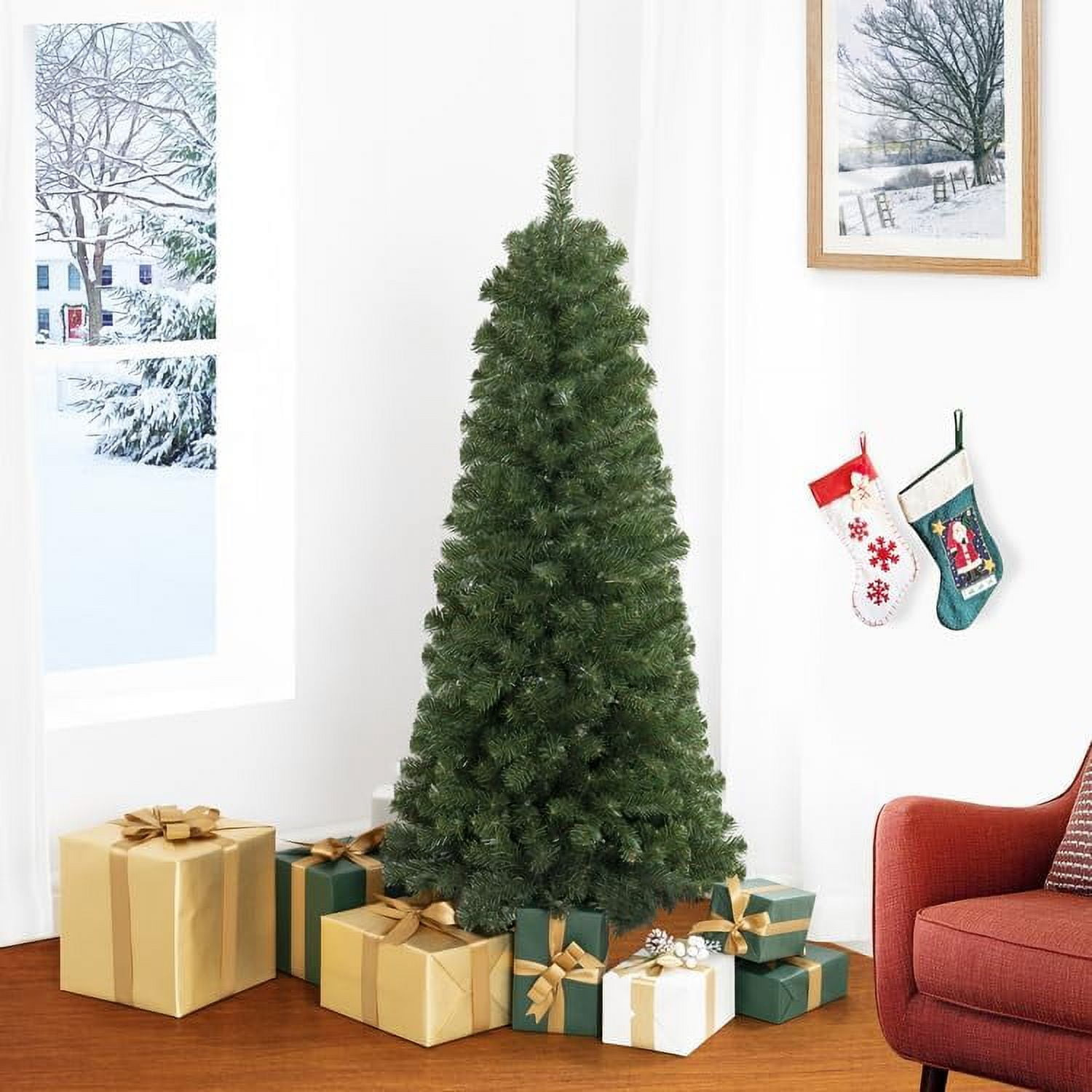 Naomi Home 4.5ft Slim Christmas Tree with Lights, Realistic Skinny ...
