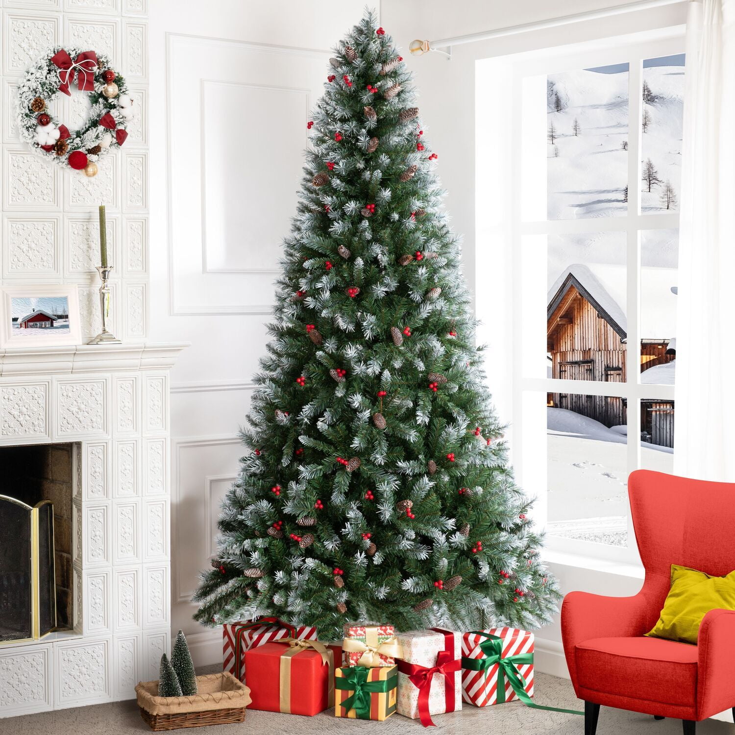 Naomi Home 7.5ft Snow Flocked Christmas Tree Pre-lit with 550 Lights ...