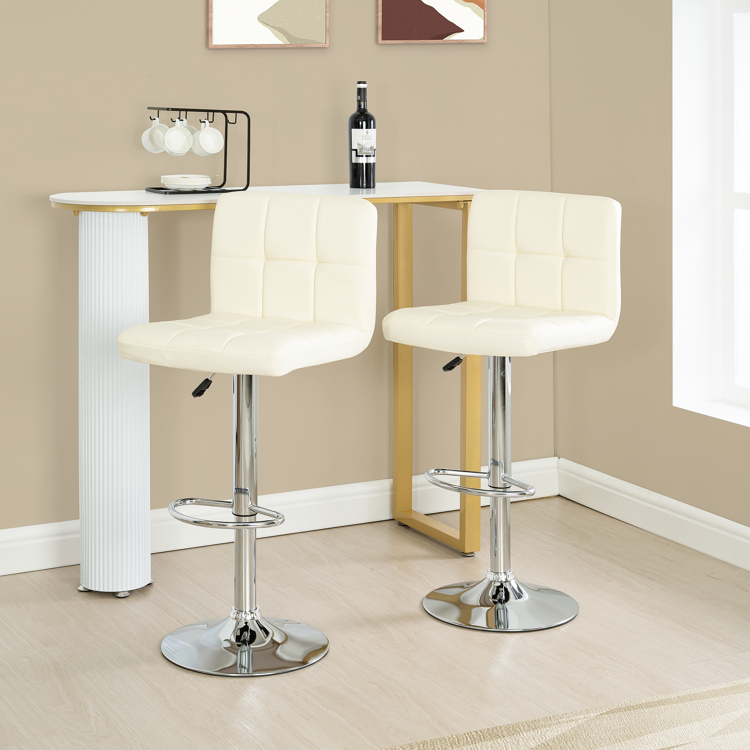 Naomi Home Modern Faux Leather Bar Stools, Cream Colored, Adjustable ...