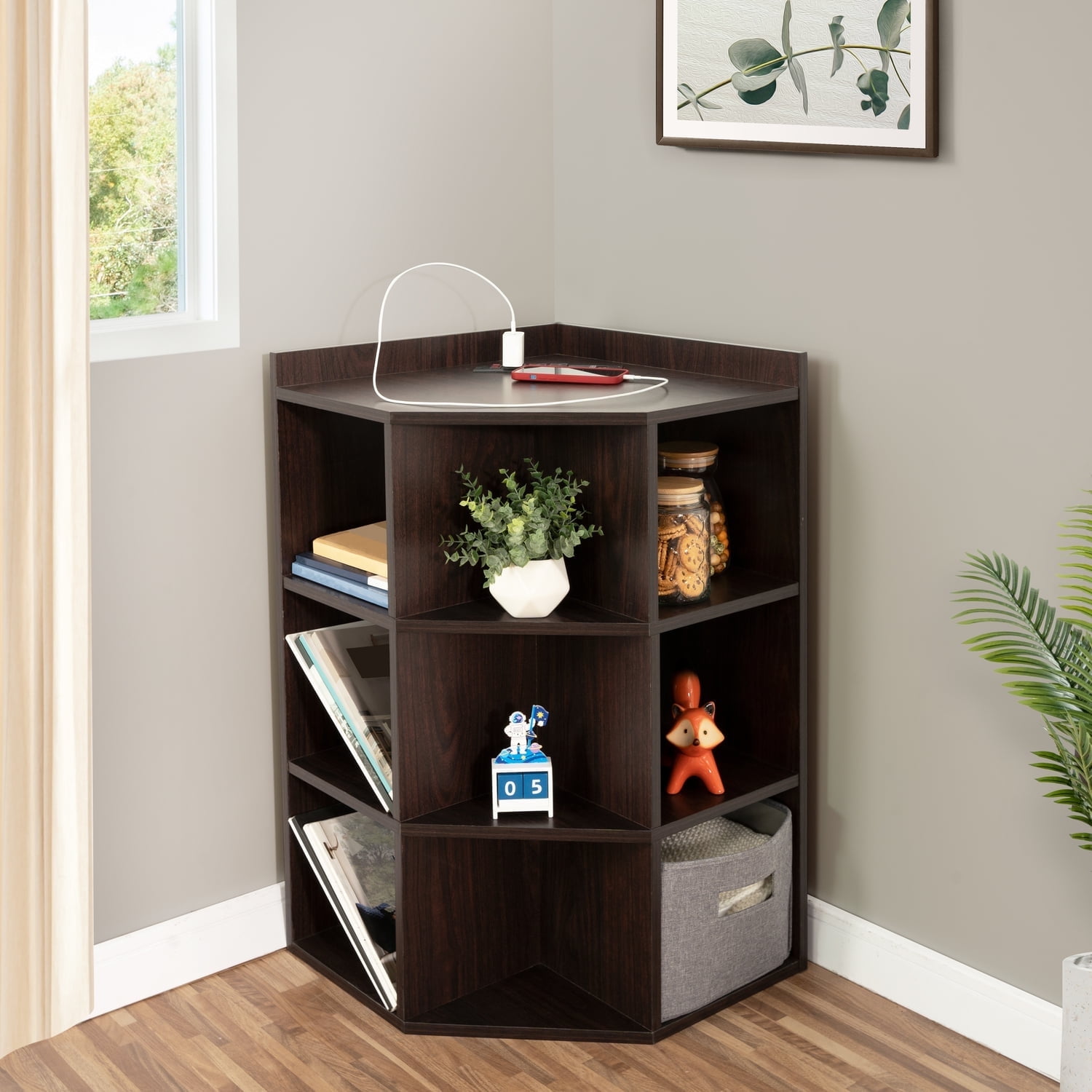 Naomi Home Wooden Storage Dona Corner Cabinet with USB Ports, Brown ...
