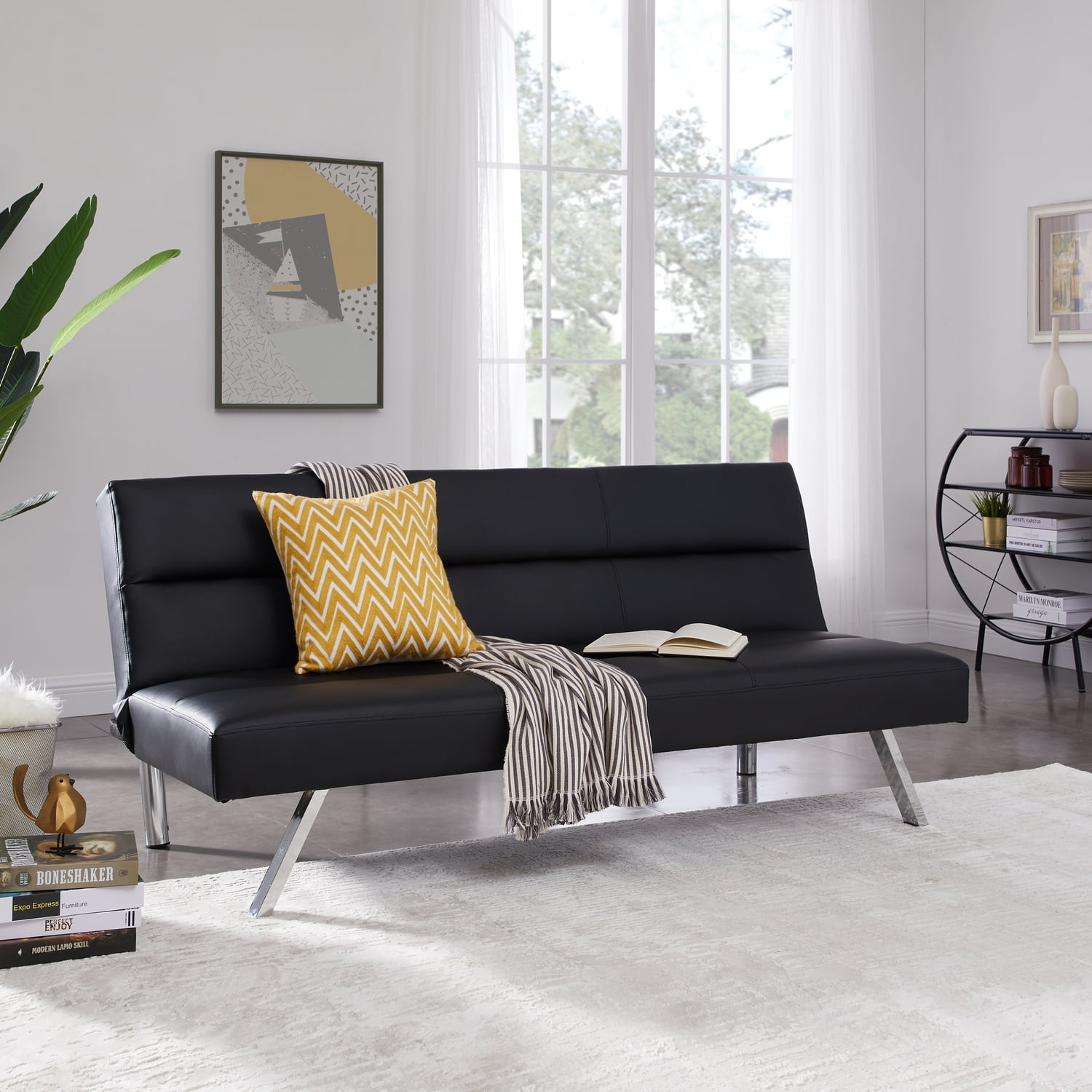 Naomi Home Faux Leather Space-Saving Convertible Futon with High ...