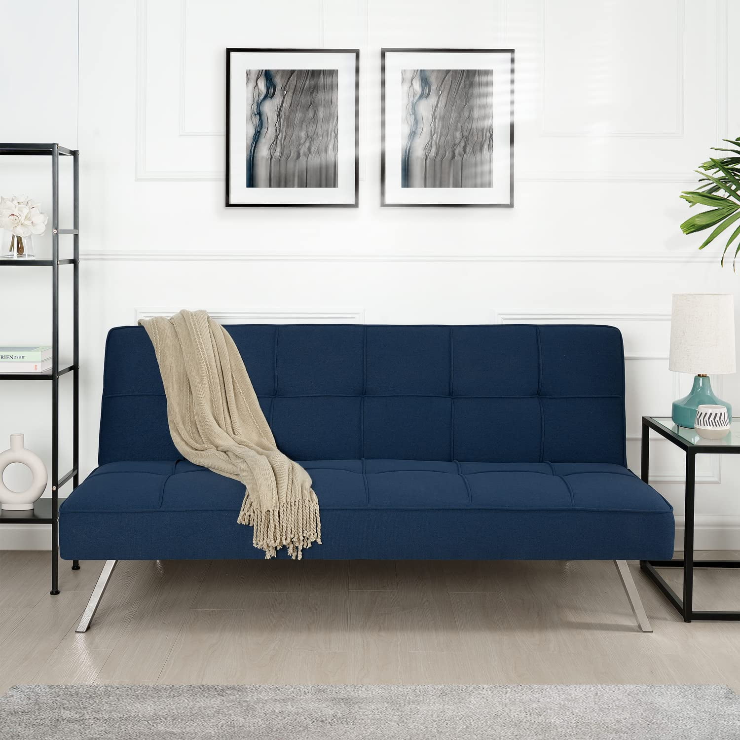 Naomi Home Modern Futon Sofa Bed, Navy Blue, Tufted, Convertible, Linen ...