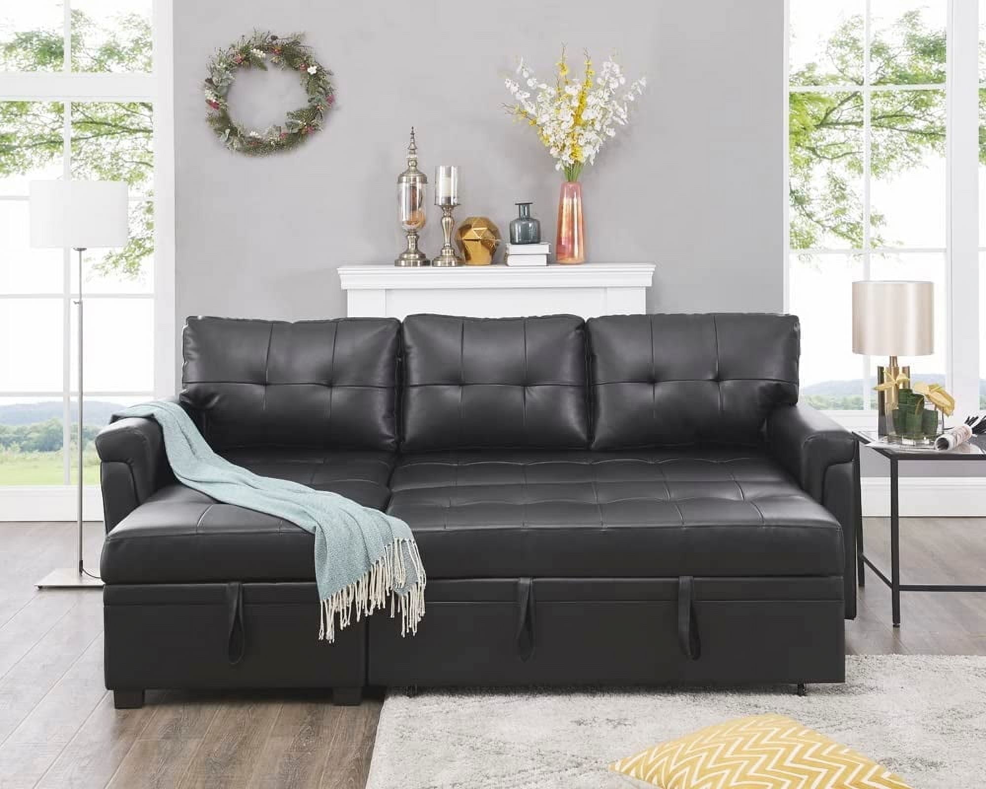 Naomi Home Perry Sleeper Couch Bed, Modern Sectional Sofa with Storage Chaise-Black, Air Leather ...