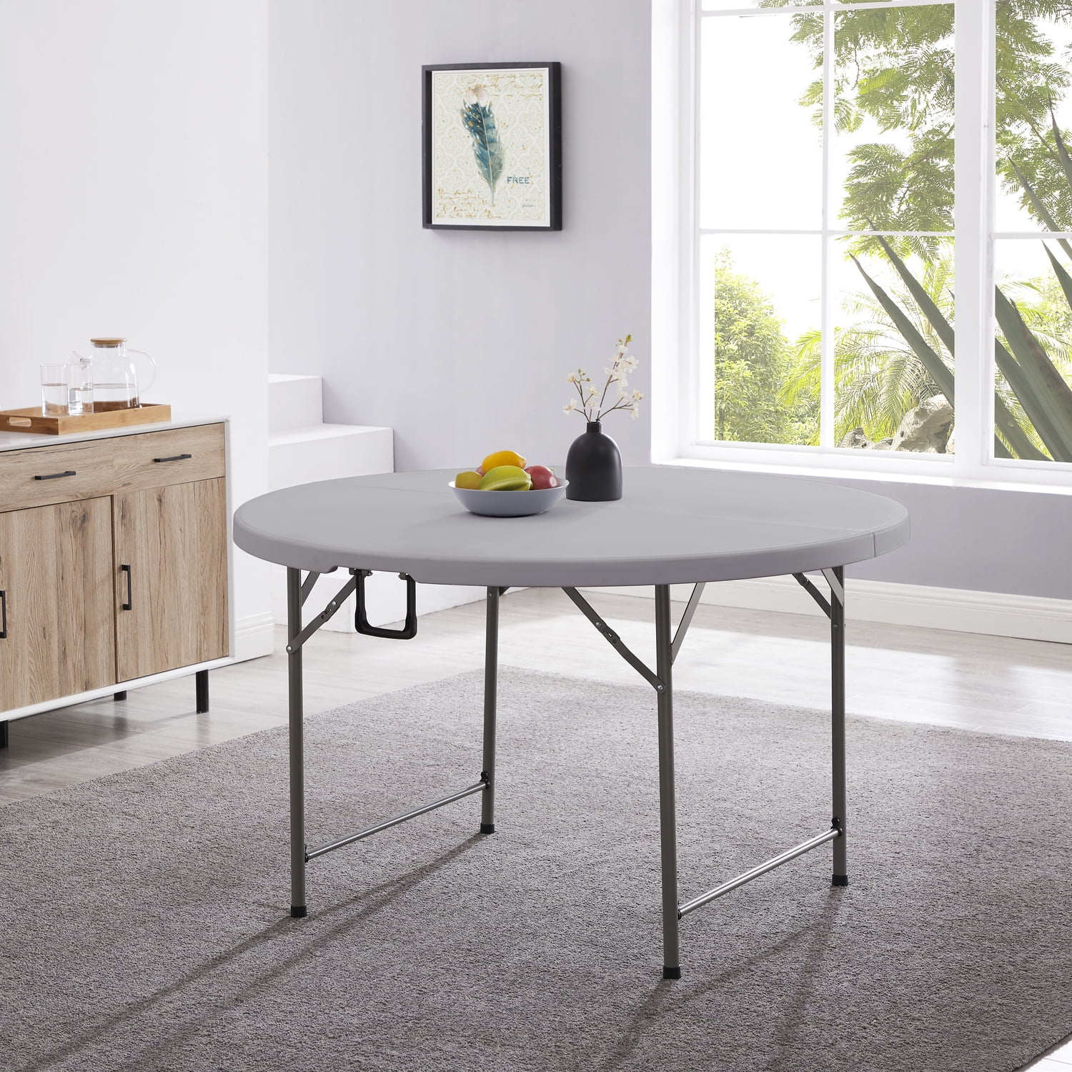 Naomi Home Round Folding Table Bi-Fold Resin Table with Carrying Handle ...