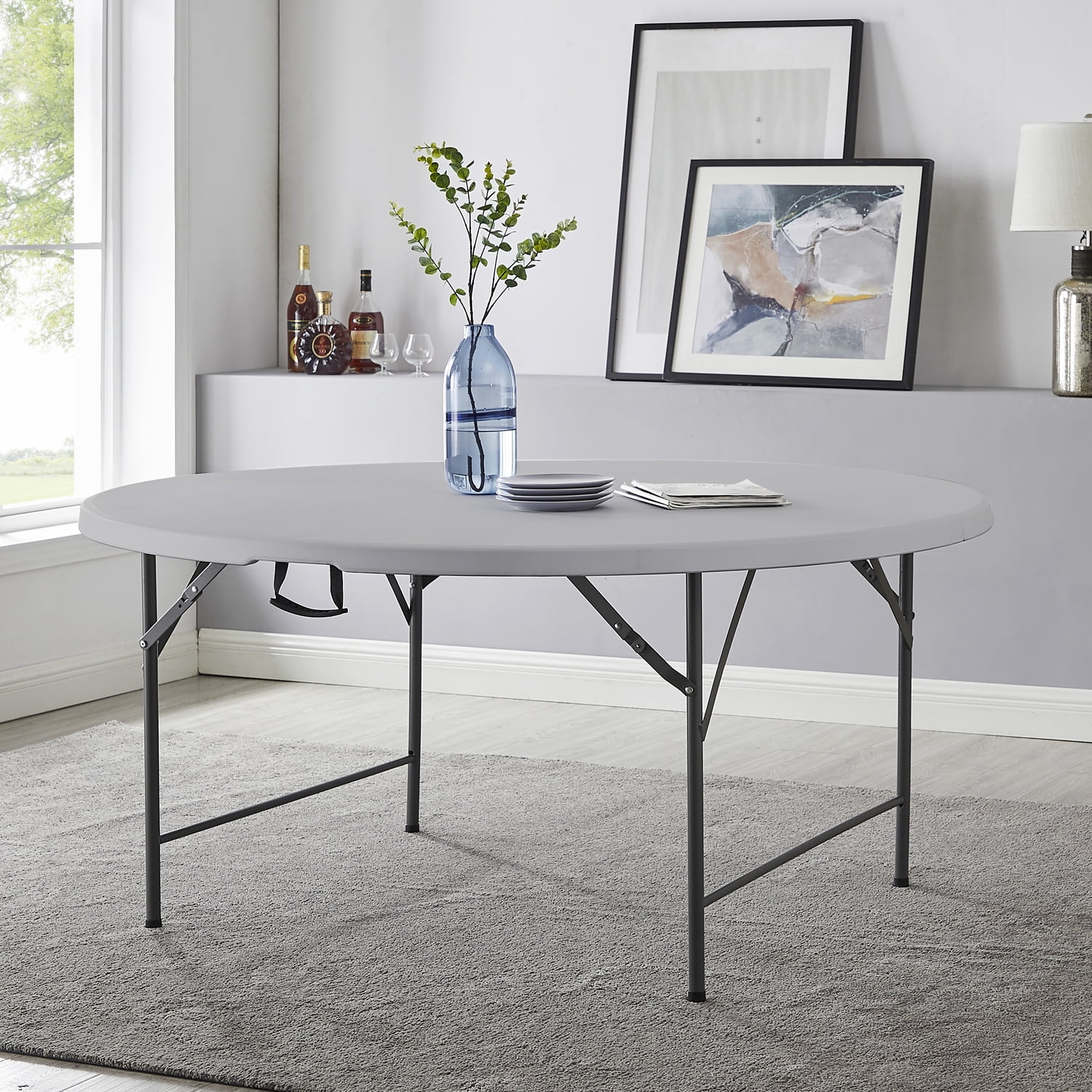 Naomi Home Round Folding Table Bi-Fold Resin Table with Carrying Handle ...