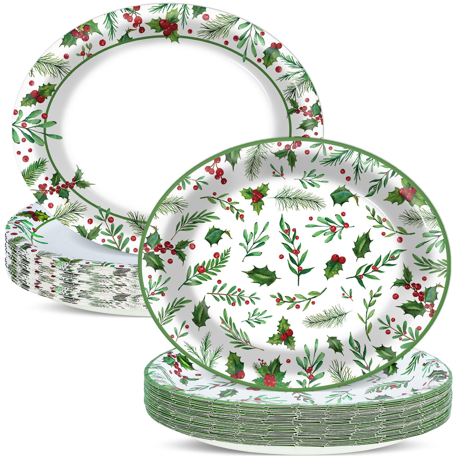 Naozinebi 50Pcs Christmas Oval Plates Christmas Seasonal Holly Paper ...