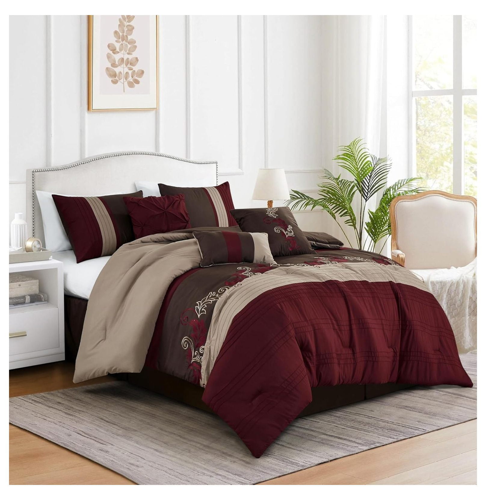 Napa 7-Piece Luxury Leaves Scroll Embroidery Bedding Comforter Set ...