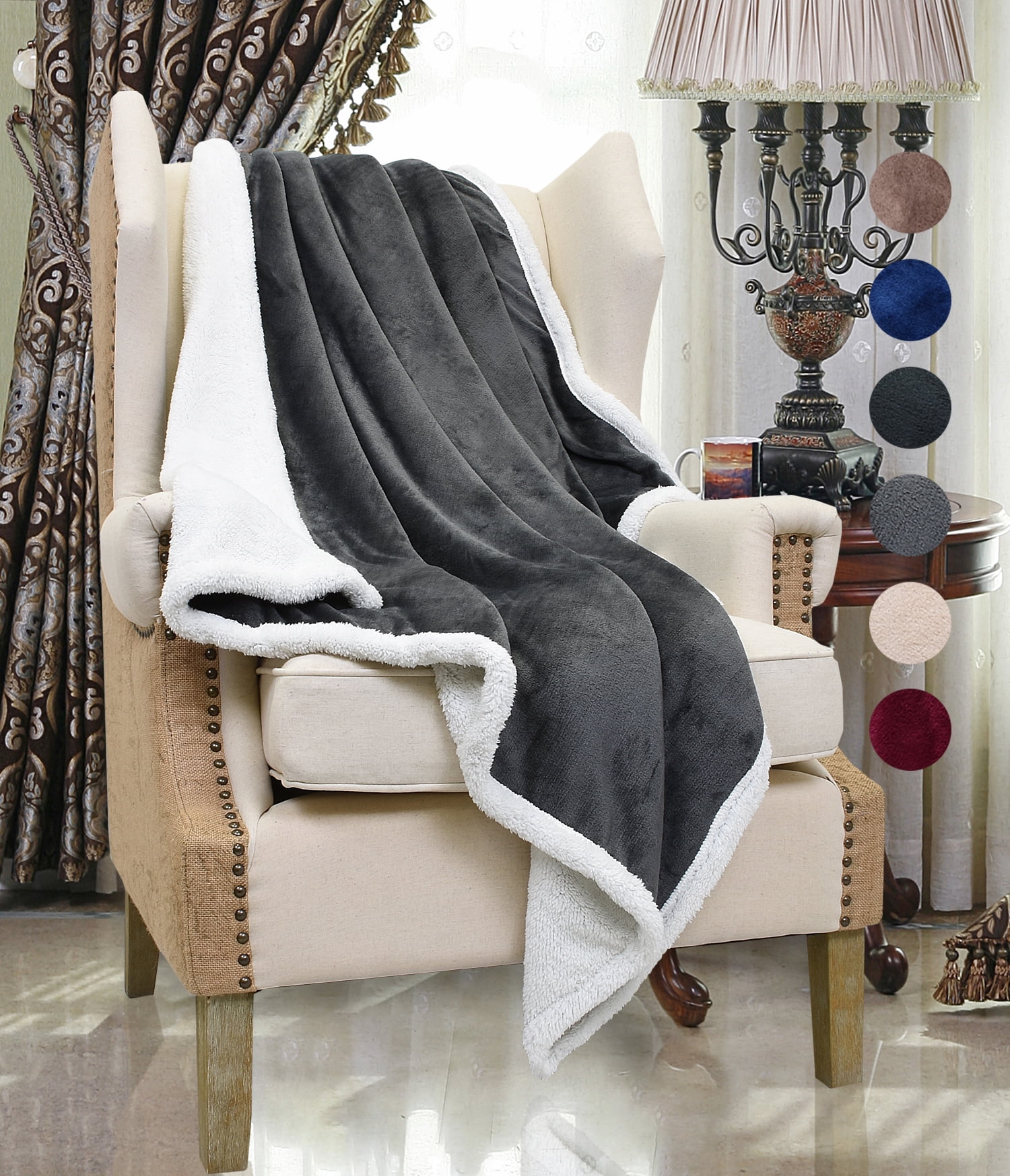 Napa Lightweight Plush Warm Grey Micro Mink Sherpa Fleece Reversible ...