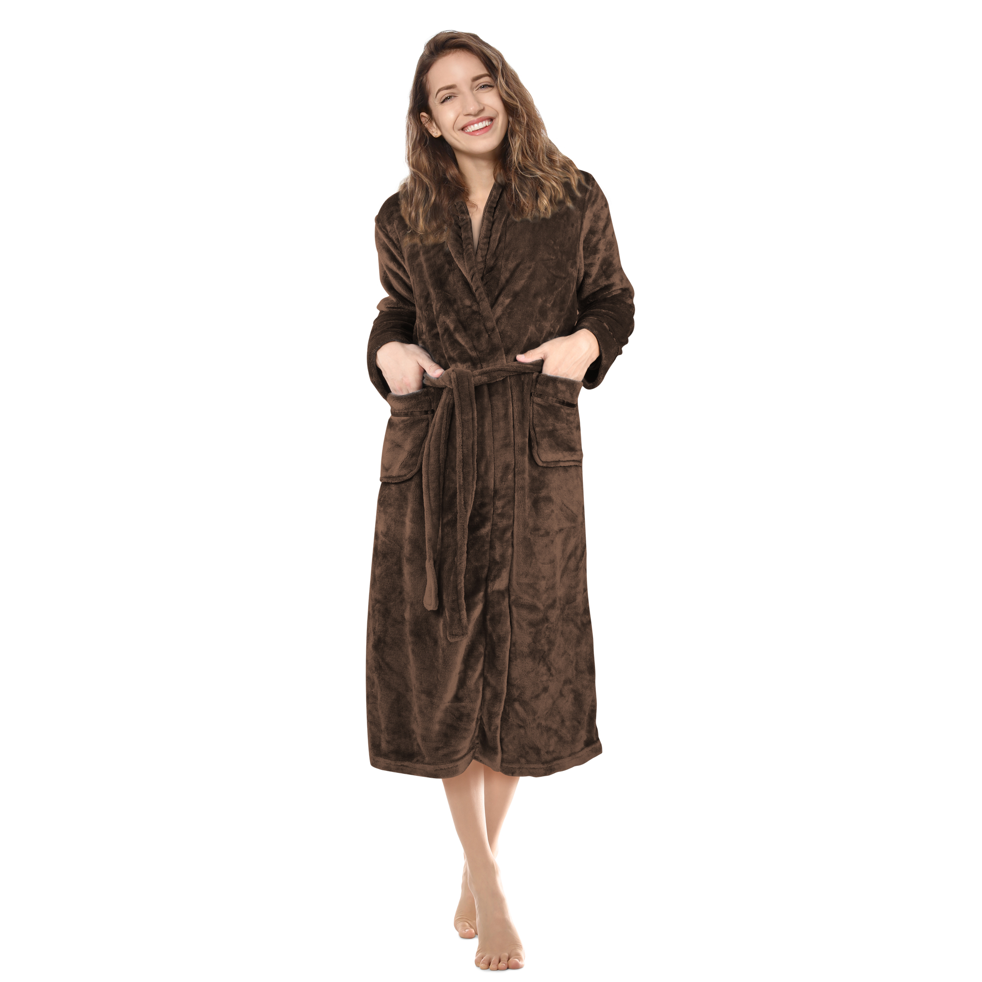 Women's Fleece Long Robe Warm Flannel Sherpa Trim Plush Bathrobe with ...