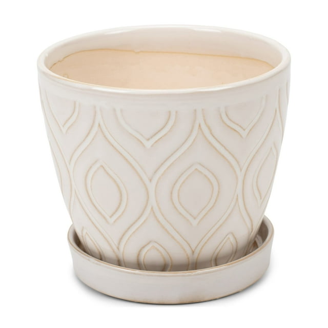 Napco Curved Rhombus Ivory 4.5 x 5.5 Ceramic Table Top Planter Pot with ...