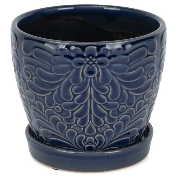 Napco Floral Pattern 4.5 Inch Cobalt Blue Ceramic Flower Pot Planter ...