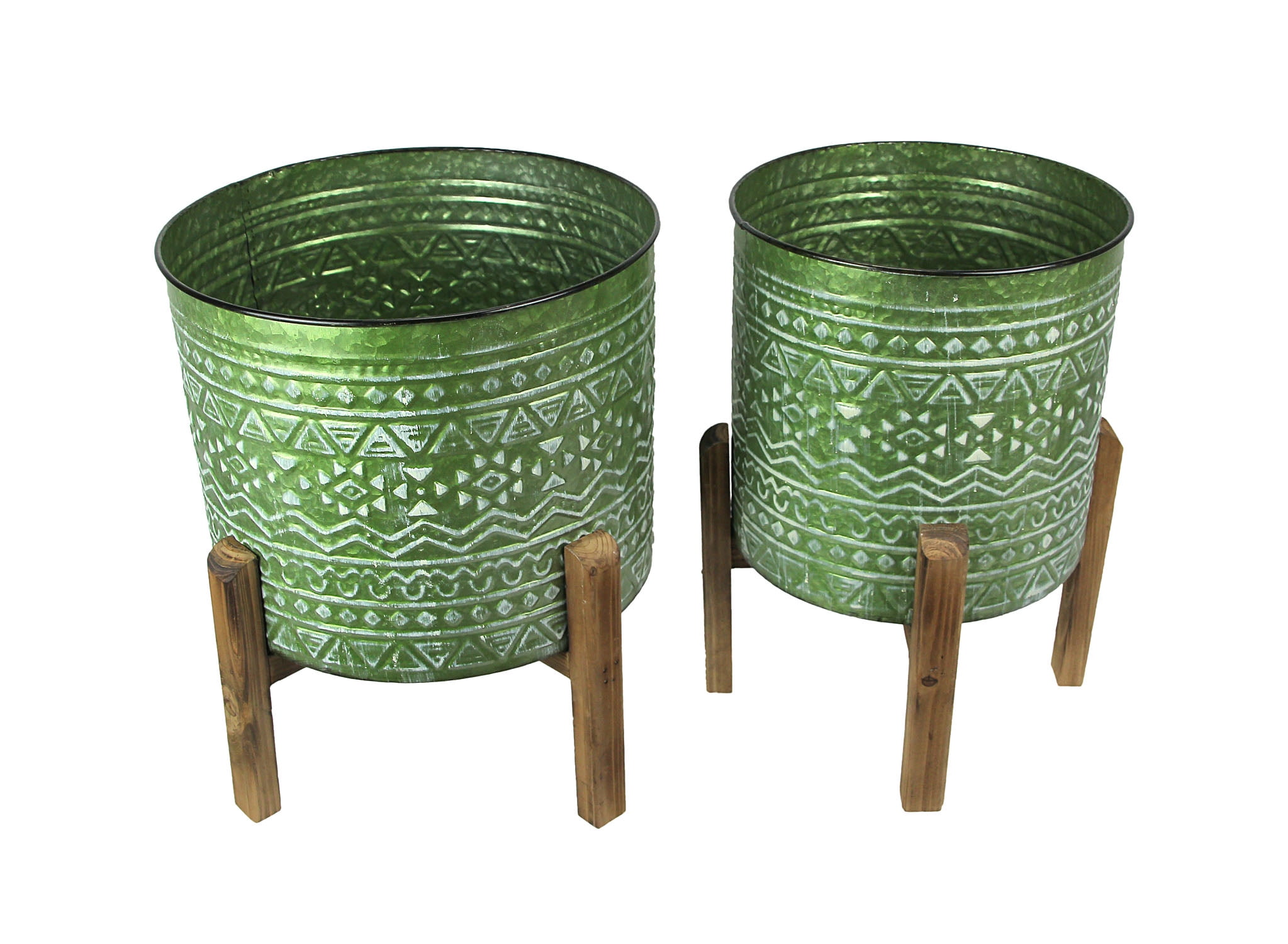 Napco Imports Geometric Pattern Stamped Metal Planters With Wood Stands ...
