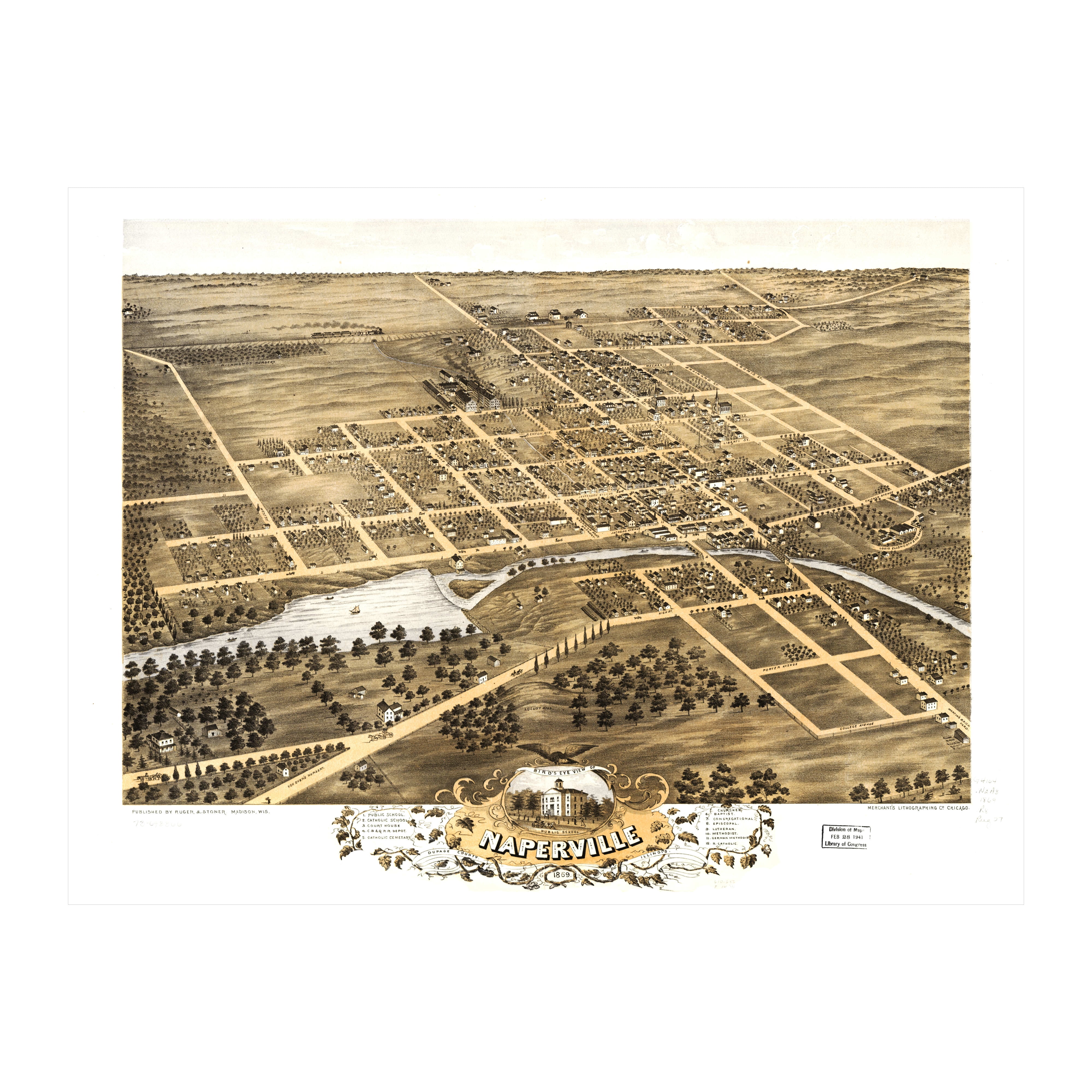 Naperville Art, 1869 Vintage Map of Naperville Illinois, IL History ...