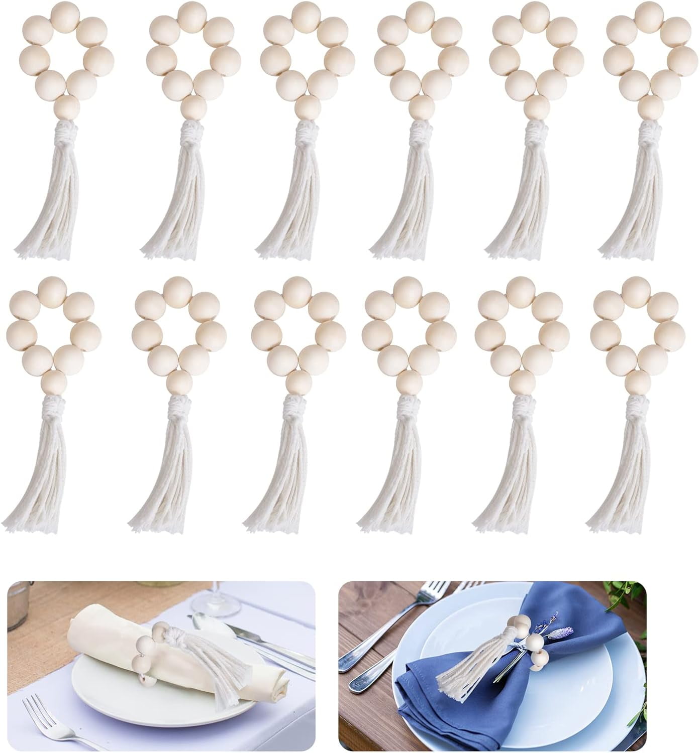 Napkin Rings Set of 12, Handmade Farmhouse Wood Beaded Napkin Ring with ...