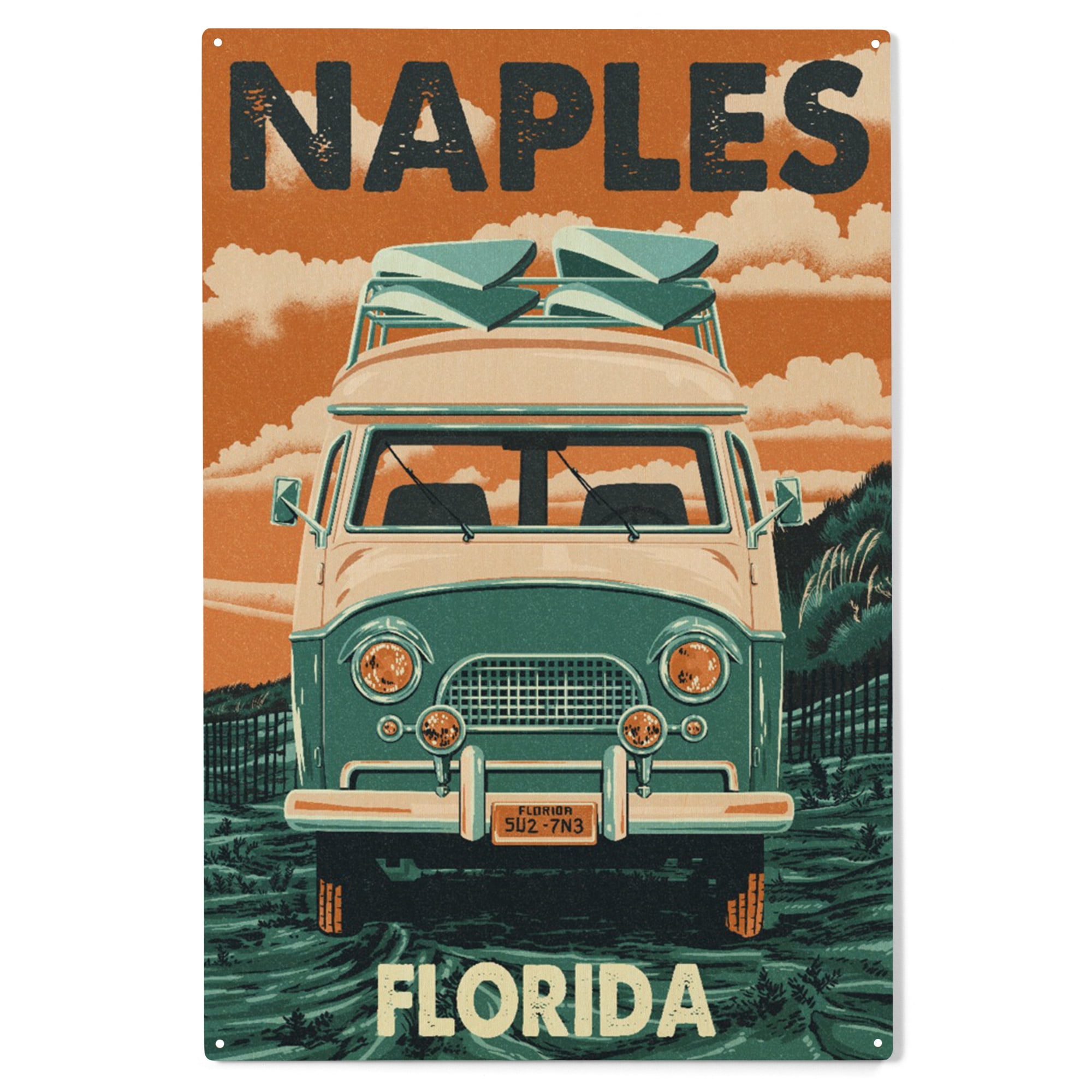 Naples, Florida, Letterpress, Camper Van Birch Wood Wall Sign (10x15 ...