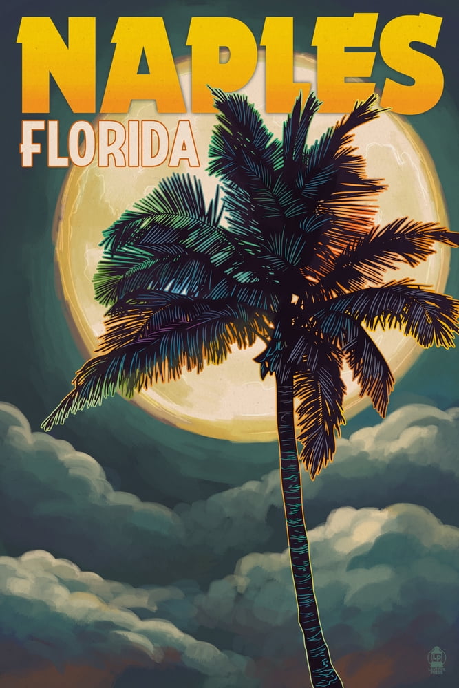 Naples, Florida, Palm and Moon (16x24 Giclee Gallery Art Print, Vivid ...