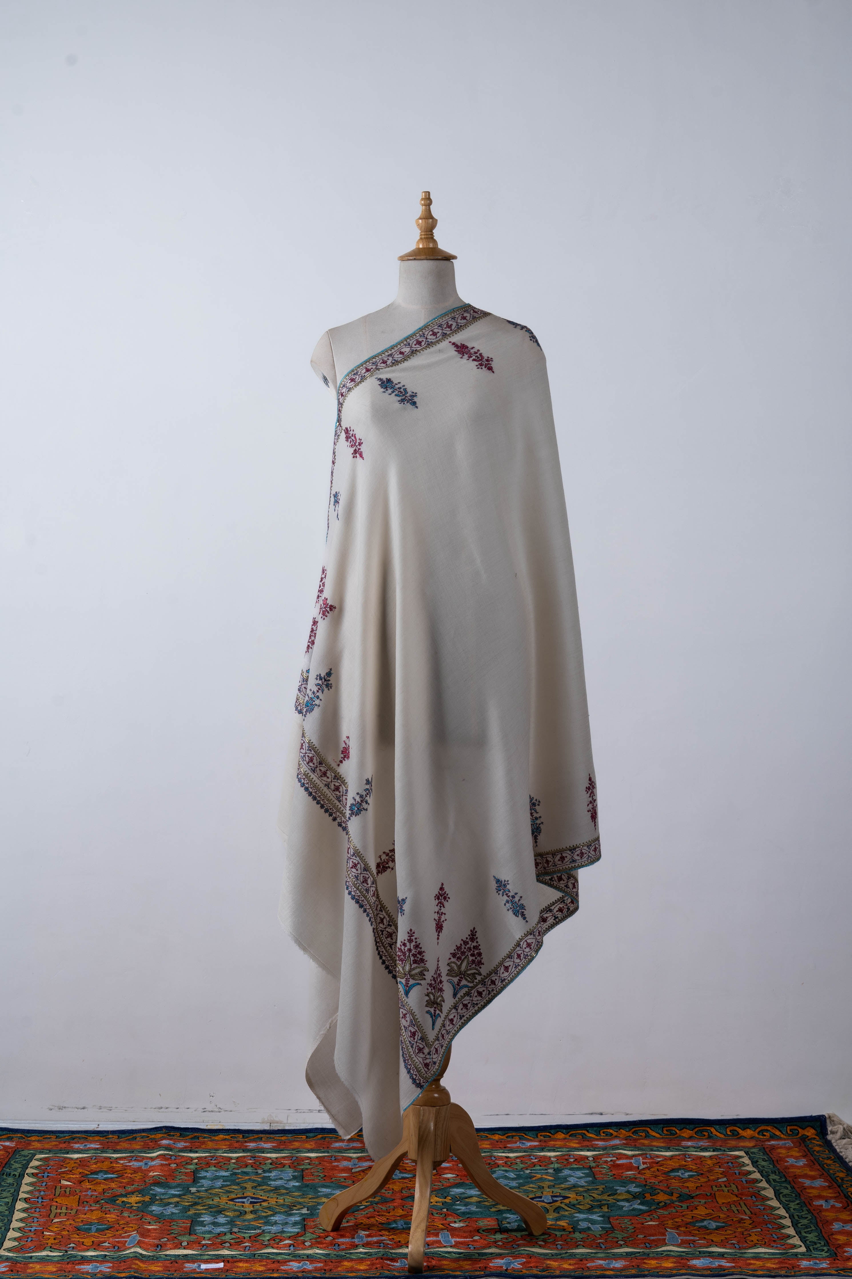 Nargis Ivory Merino Wool with Hand Tilla & Sozni Hand Embroidery Shawl ...