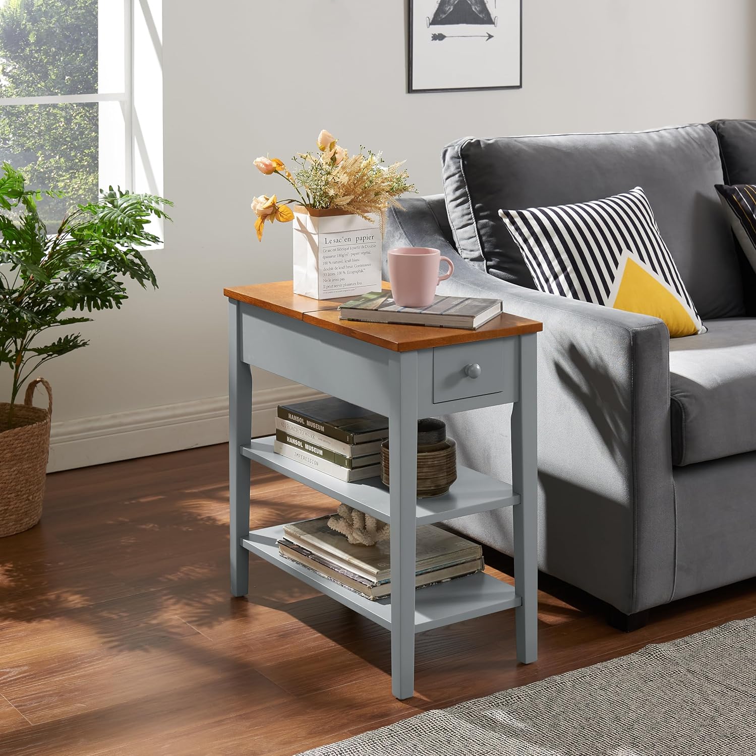 Narrow 2-Tone End Table with USB Charging Ports and SOLID WOOD Legs ...