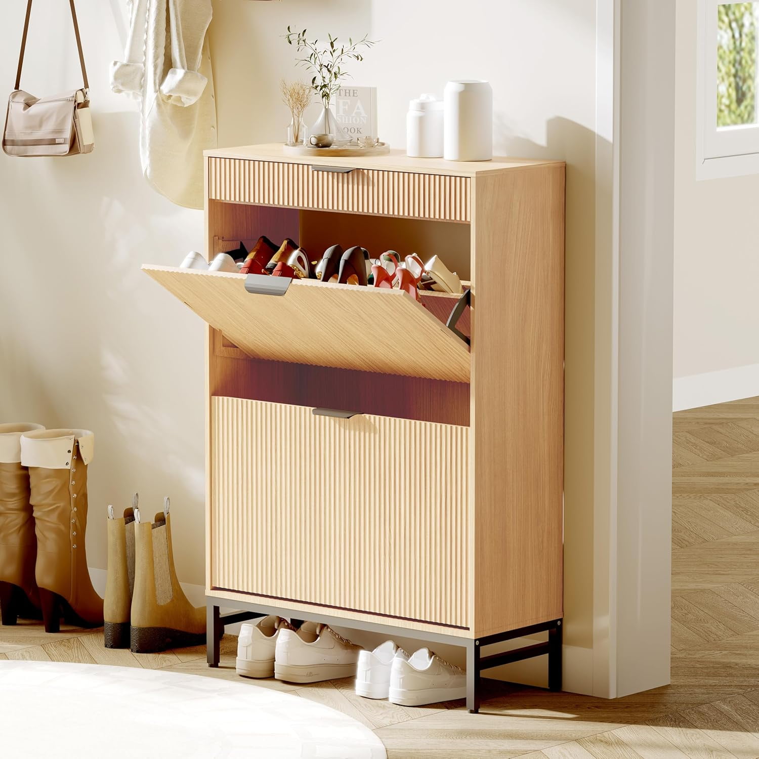 Narrow 3 Tier Fluted Entrance Shoe Storage Cabinet With 2 Flip Drawers ...