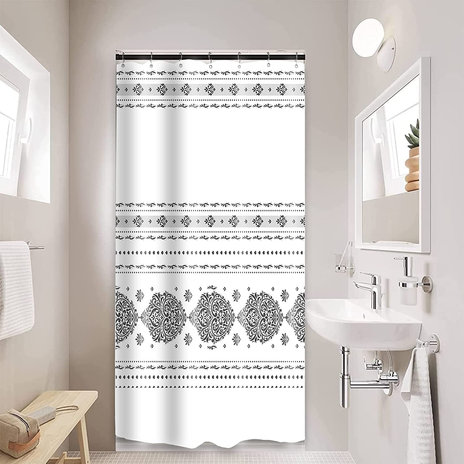 Narrow 36"x72" Modern Bobo Grey White Shower Curtain Set RV Moroccan ...