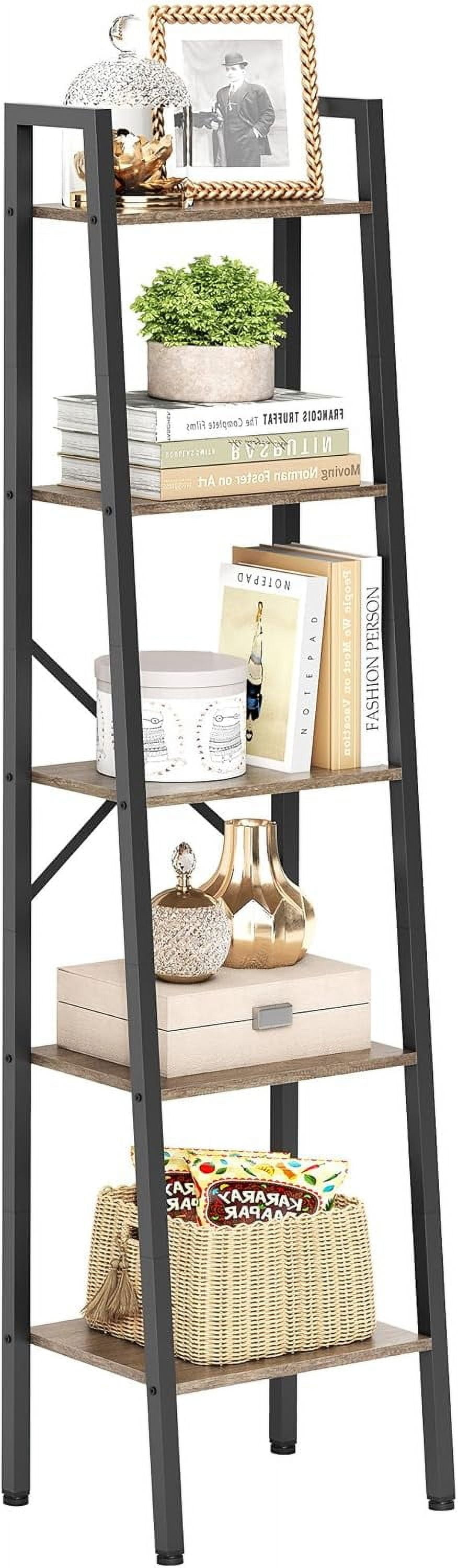 Narrow 5-Tier Industrial Ladder Bookshelf with Metal Frame in Greige ...