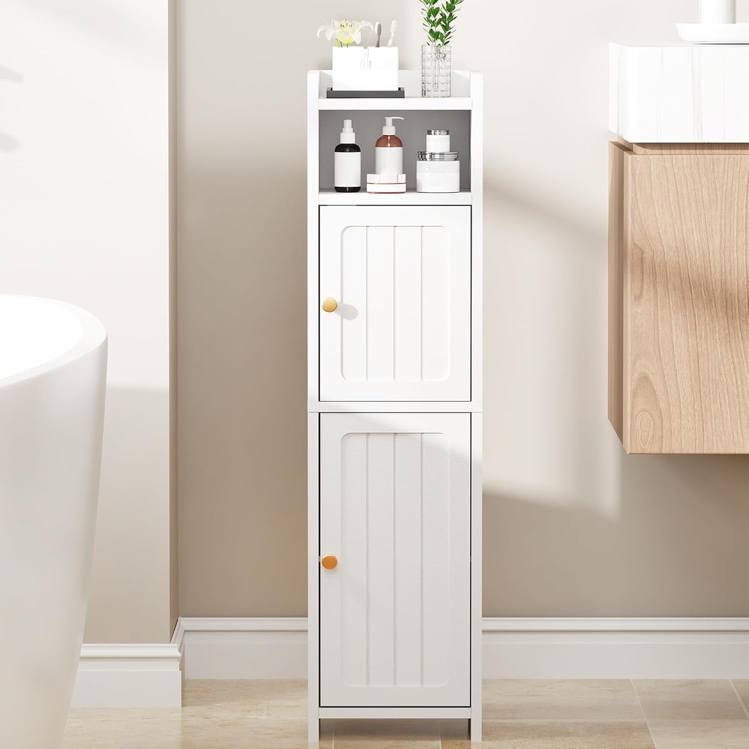 Narrow Bathroom Floor Cabinet with 2 Doors & Adjustable Shelf | Anti ...