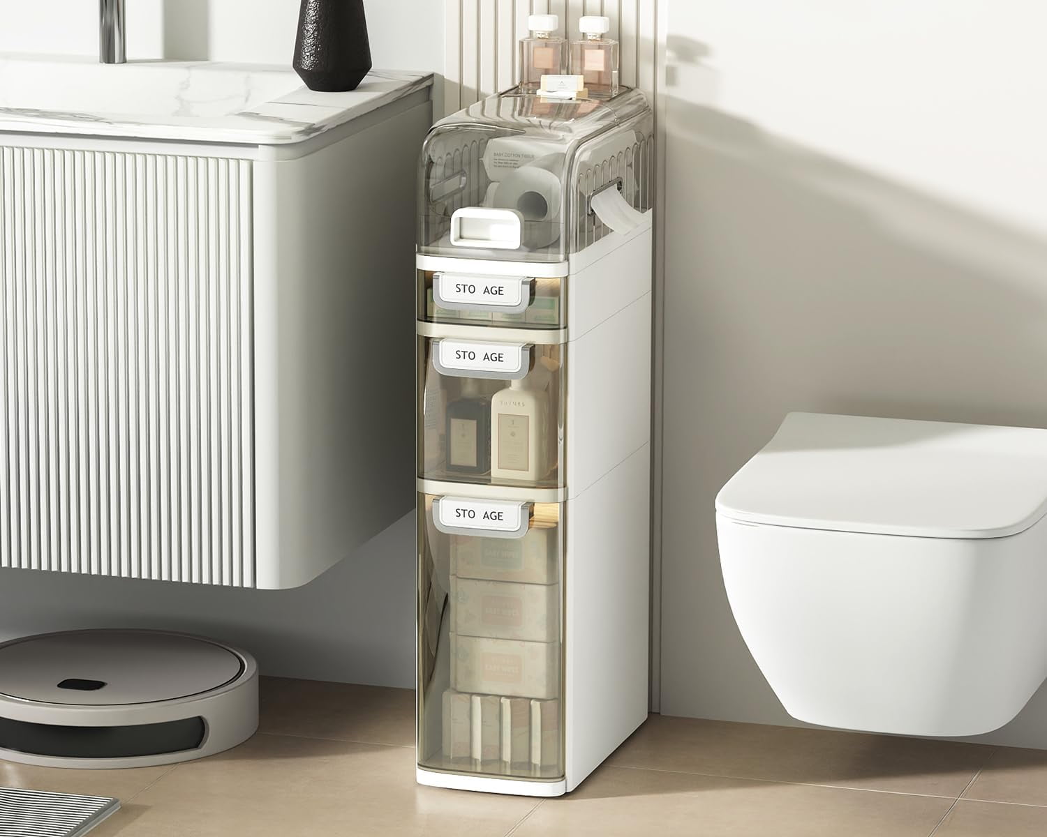 Narrow Bathroom Organizer Cabinet with Wheels, 3 Tier Slim Storage ...