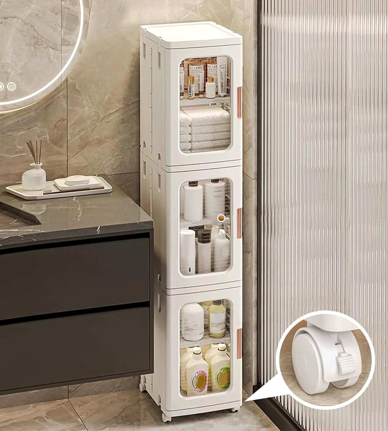Narrow Bathroom Storage Cabinet with Doors and Shelves, 3-Tiers Slim ...
