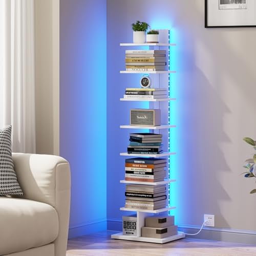 Narrow Bookshelf, 8-Tier Bookcase with LED Lights, Spine Book Shelf for ...