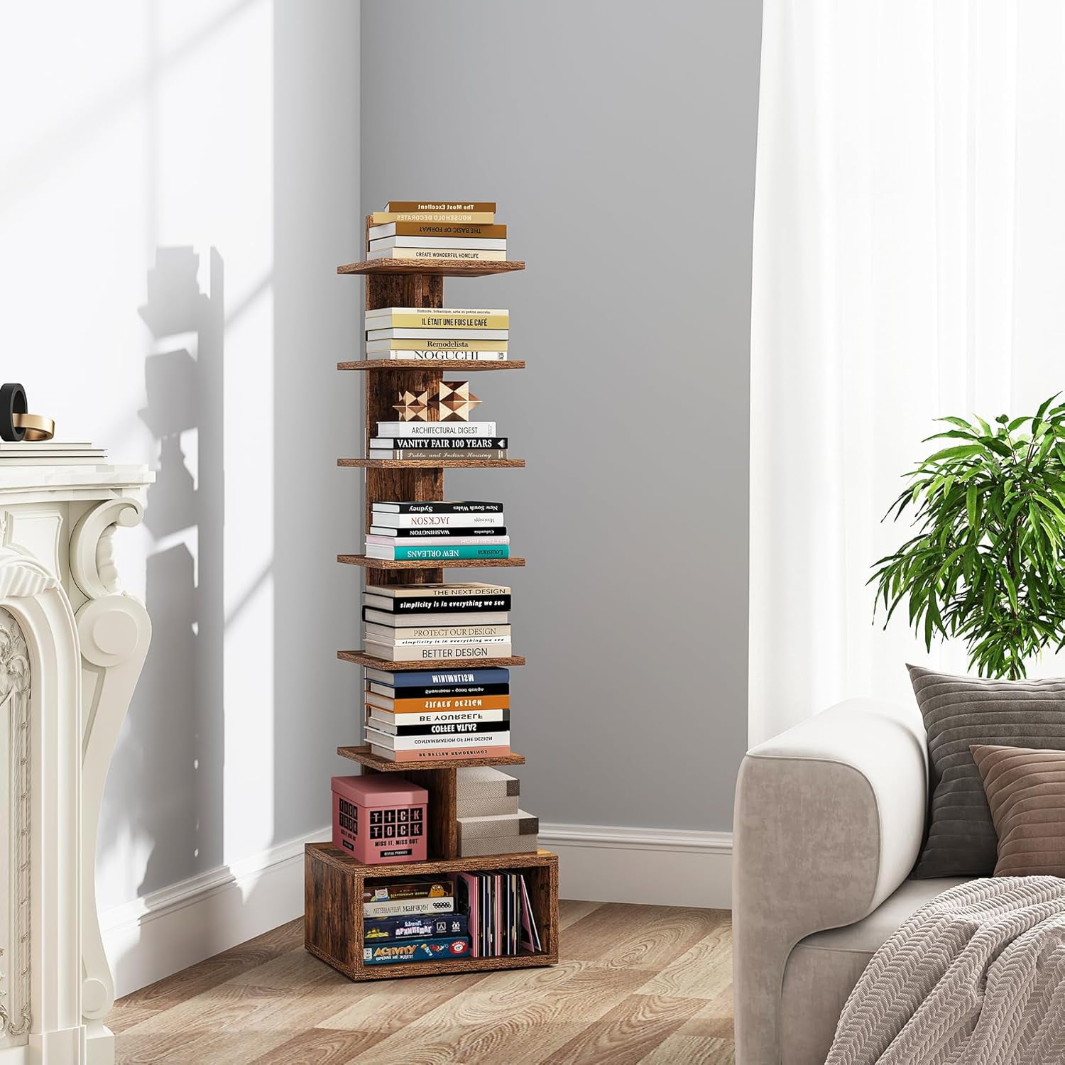 Narrow Bookshelf, 8-Tier Bookcase, Spine Book Shelf for Small Space, Corner Standing Shelf for ...