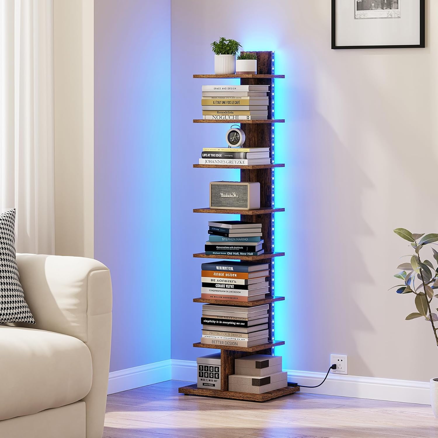 Narrow Bookshelf, 8-Tier Bookcase with LED Lights, Spine Book Shelf for ...