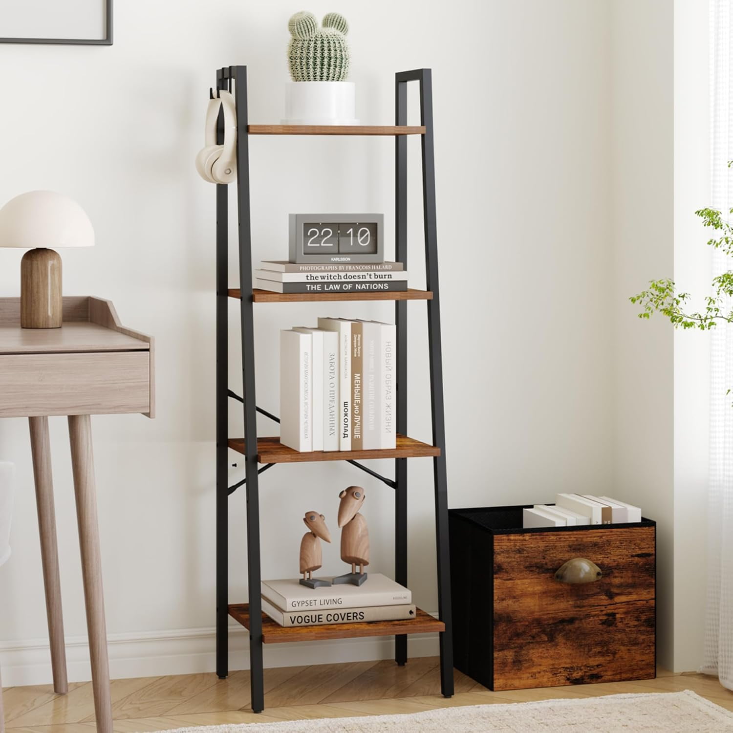 Narrow Bookshelf Bookcase with Drawer, Ladder Shelf with 2 Hooks ...