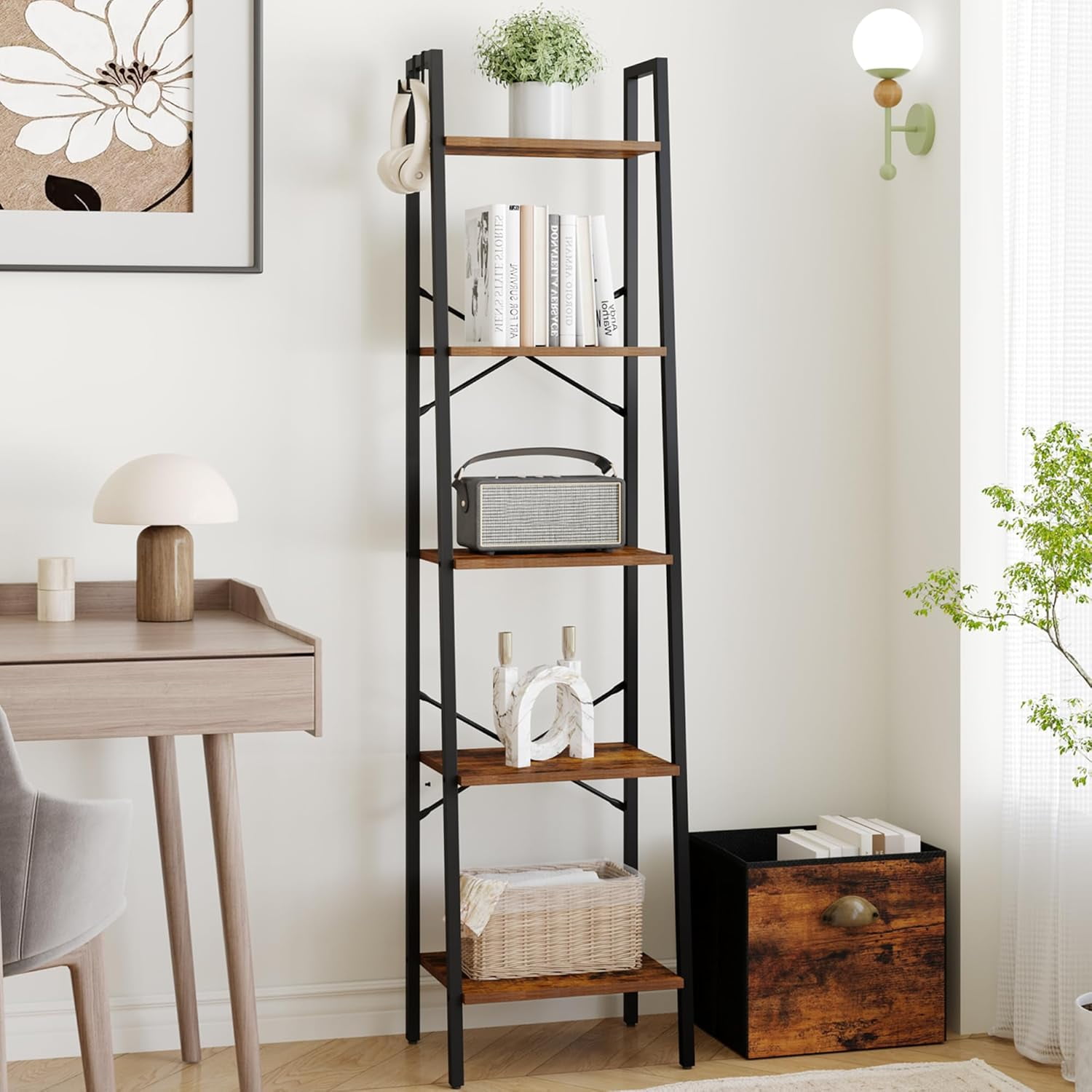 Narrow Bookshelf Bookcase with Drawer, Ladder Shelf with 2 Hooks ...