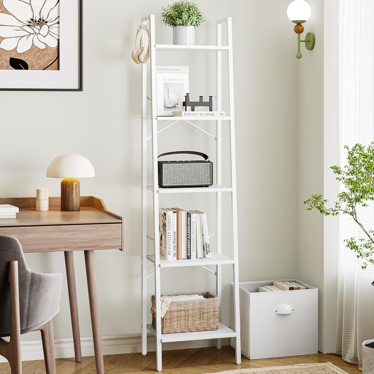 Narrow Bookshelf Bookcase with Drawer, Ladder Shelf with 2 Hooks ...
