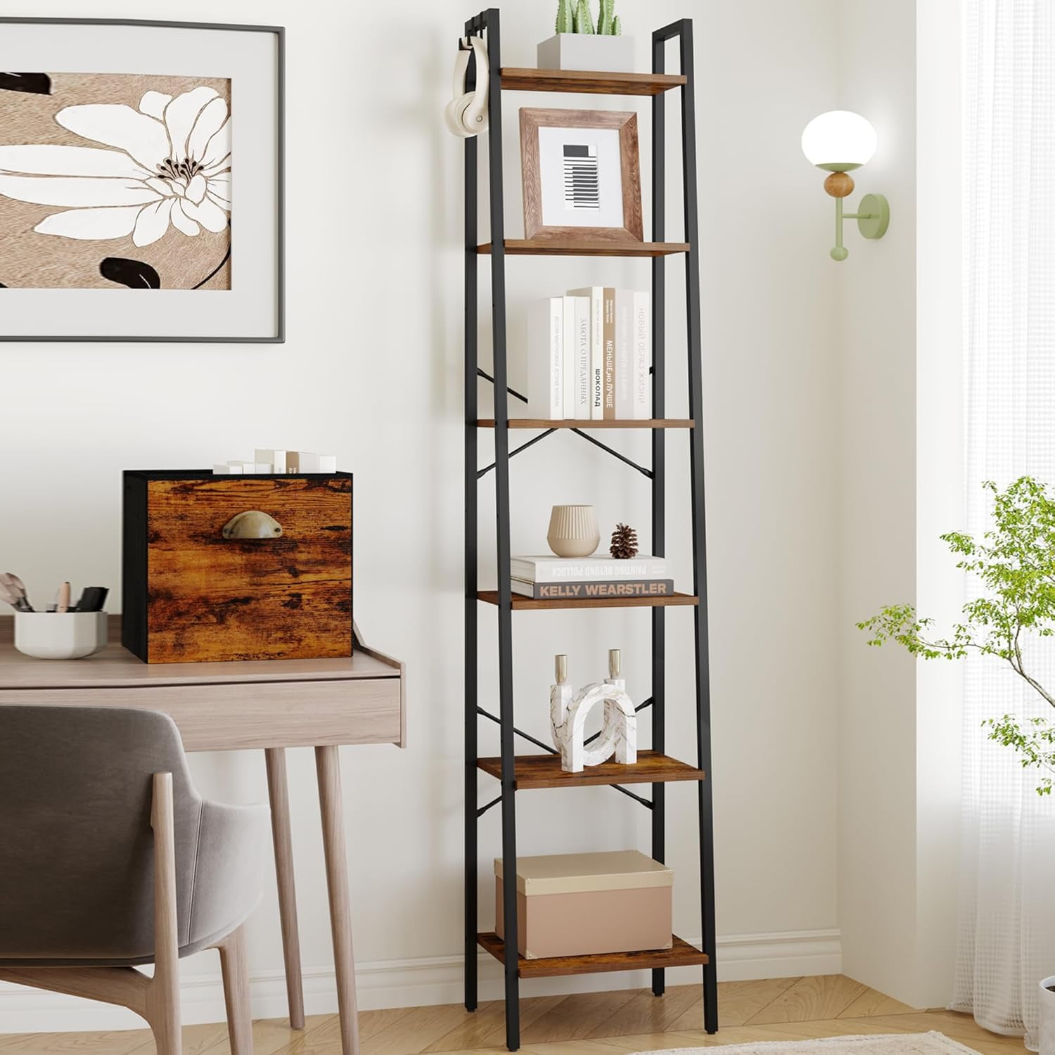 Narrow Bookshelf Bookcase with Drawer, Ladder Shelf with 2 Hooks ...