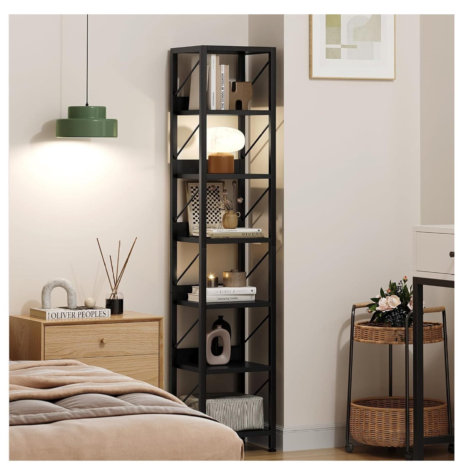 Narrow Bookshelf Tall Skinny Bookcase 6 Tier Storage Rack Rustic Corner ...