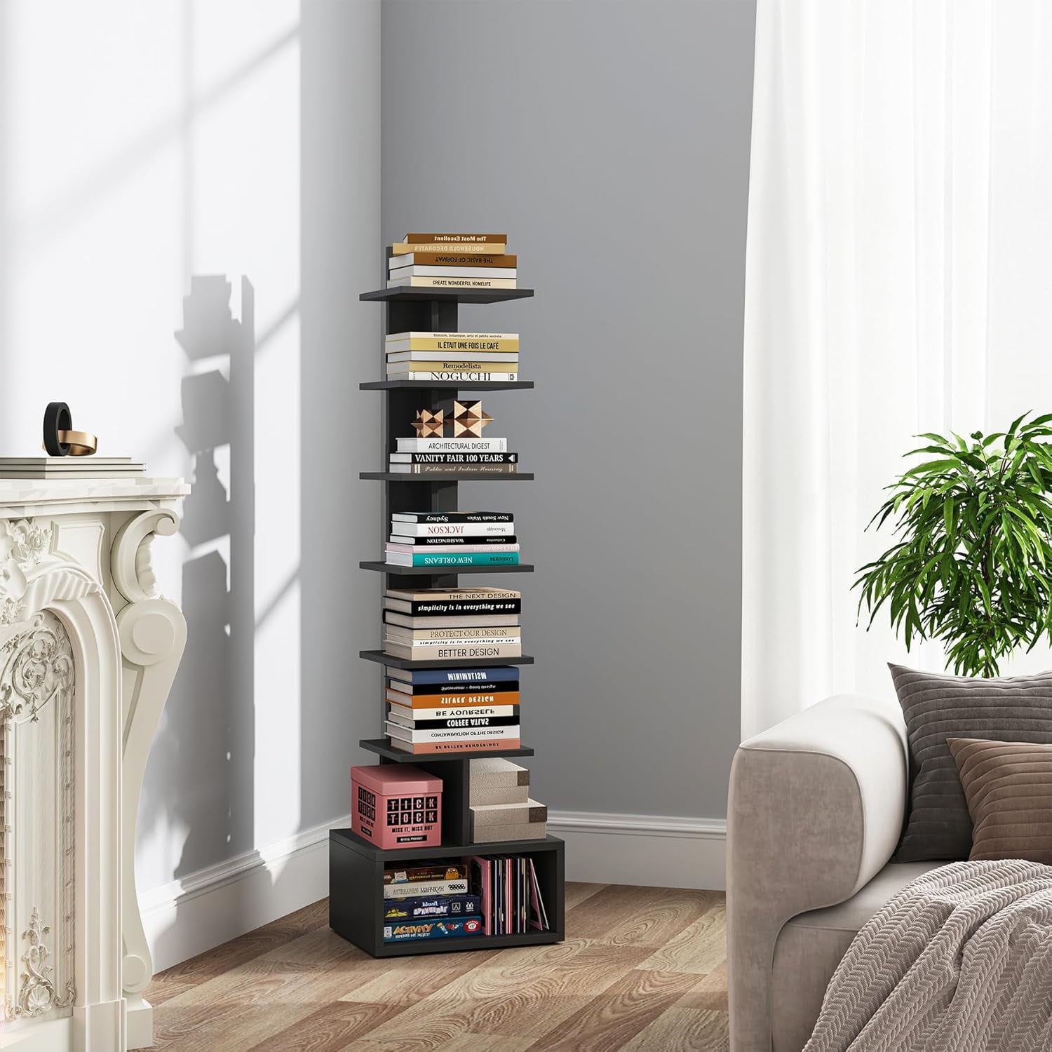 Narrow Bookshelf, Vertical 8-Tier Bookcase, Spine Book Shelf for Small ...
