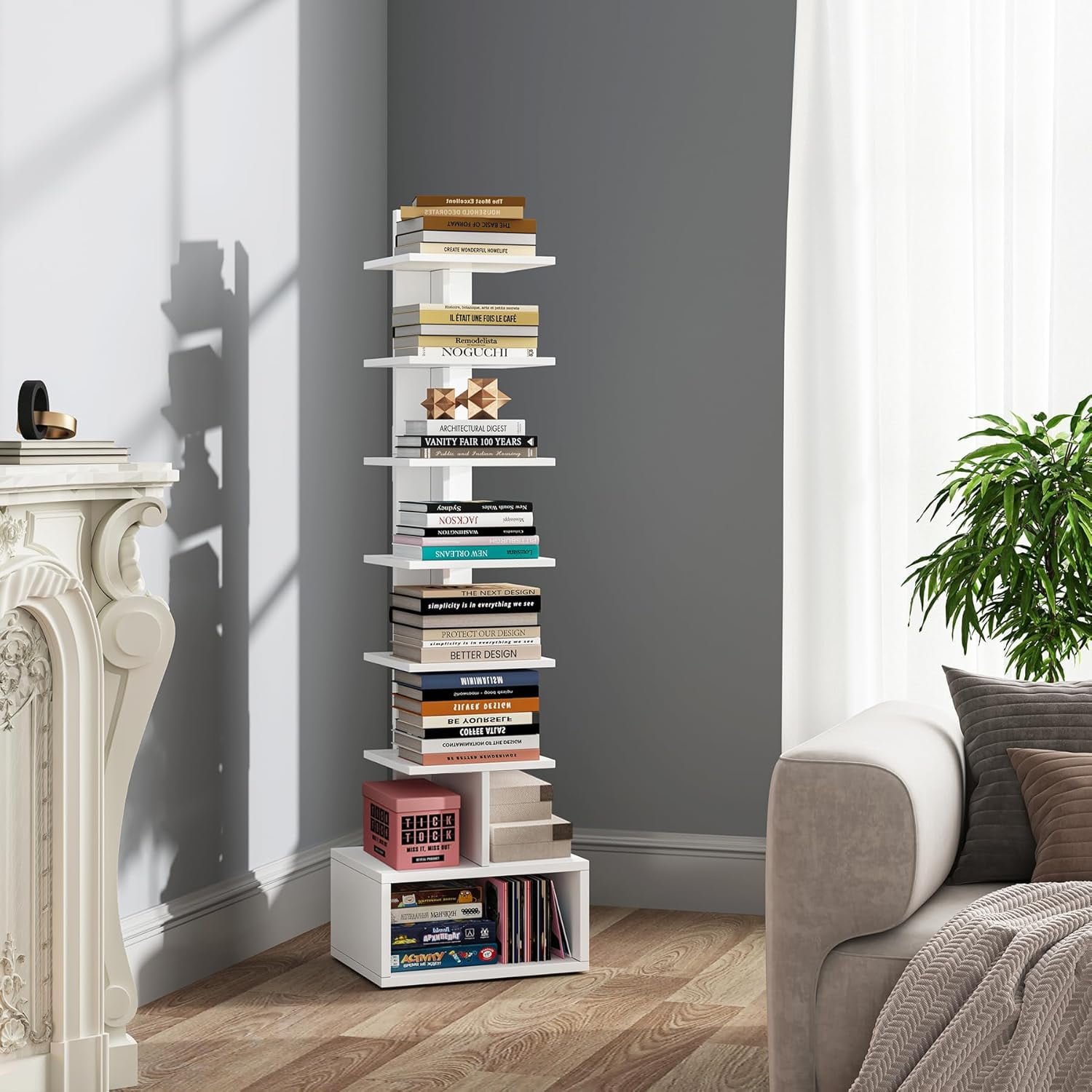 Narrow Bookshelf, Vertical 8-Tier Bookcase, Spine Book Shelf for Small ...