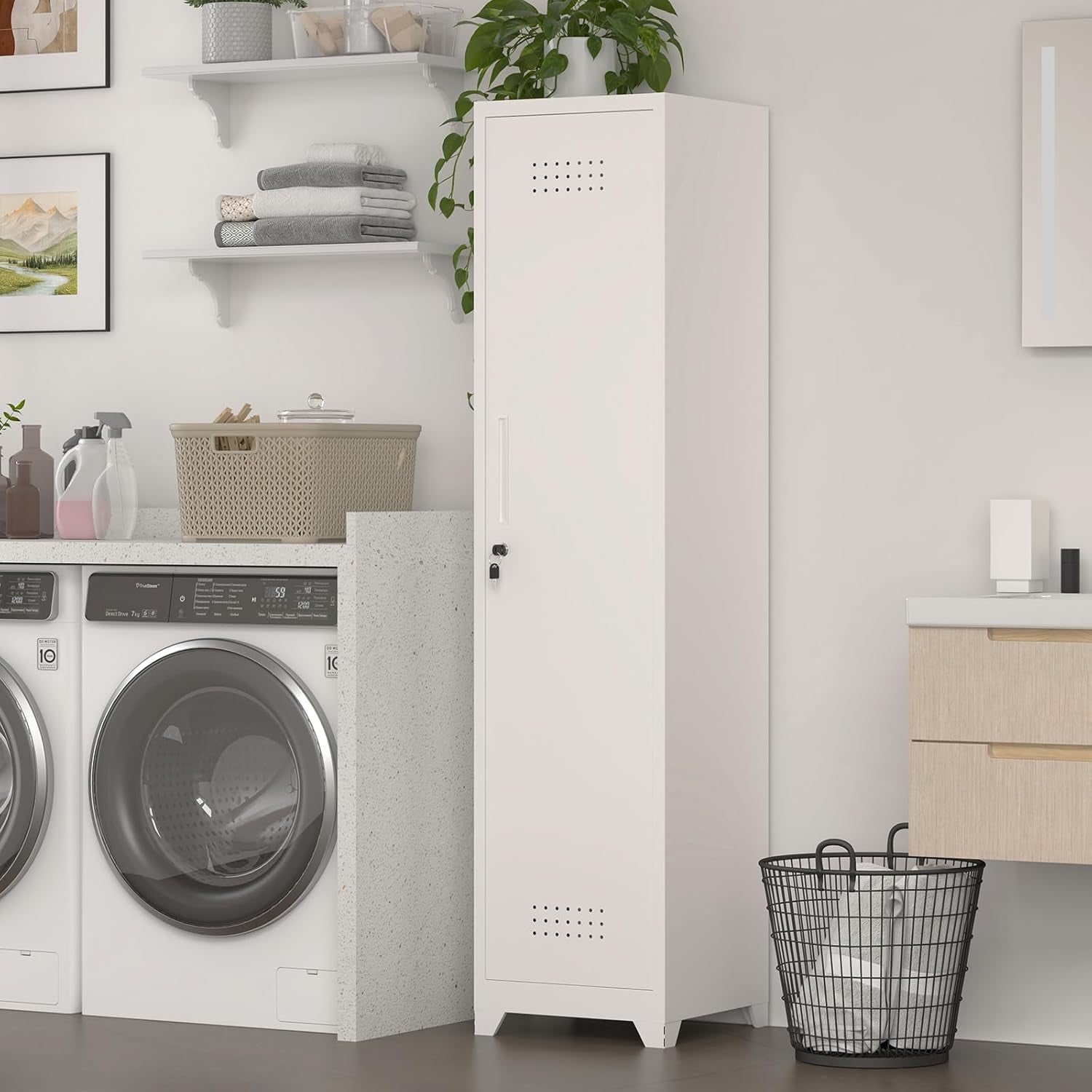 Narrow Cabinets with Doors and Shelves, 65”H Slim Cabinet for Small Spaces, Tall Bathroom ...