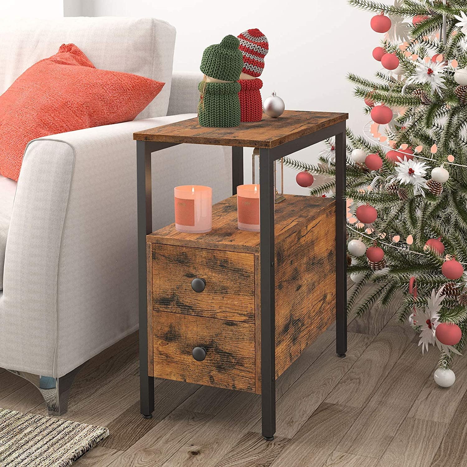 Narrow Chairside Table with Drawer and Open Shelf, Rustic Brown and ...