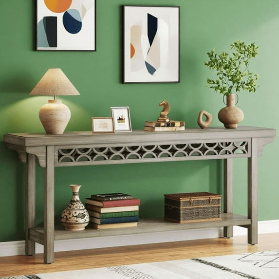 Narrow Console Table - 1.96" Thick Solid Wood, Gray Finish, Adjustable ...
