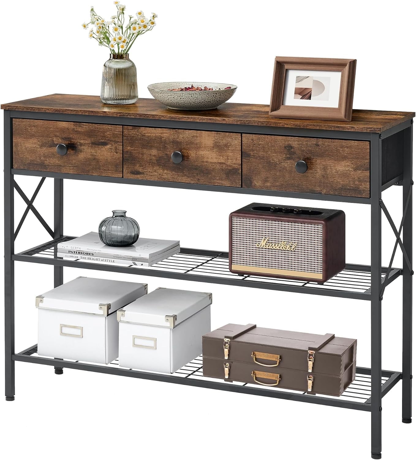 Narrow Console Table with 3 Fabric Drawers-39.8" Industrial Entryway ...