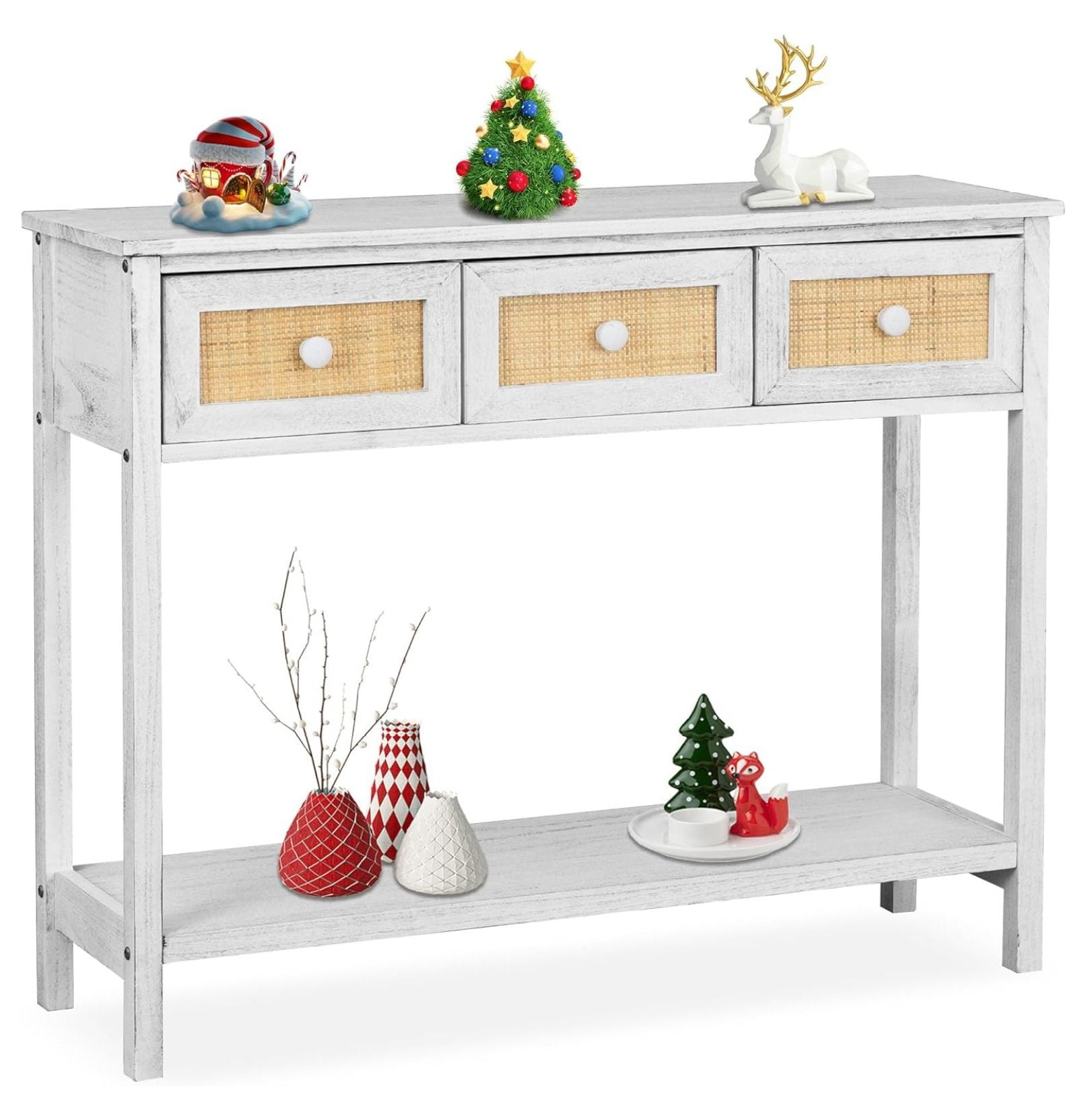 Narrow Console Table with 3 Rattan Drawers, Solid Wood Long Entryway ...